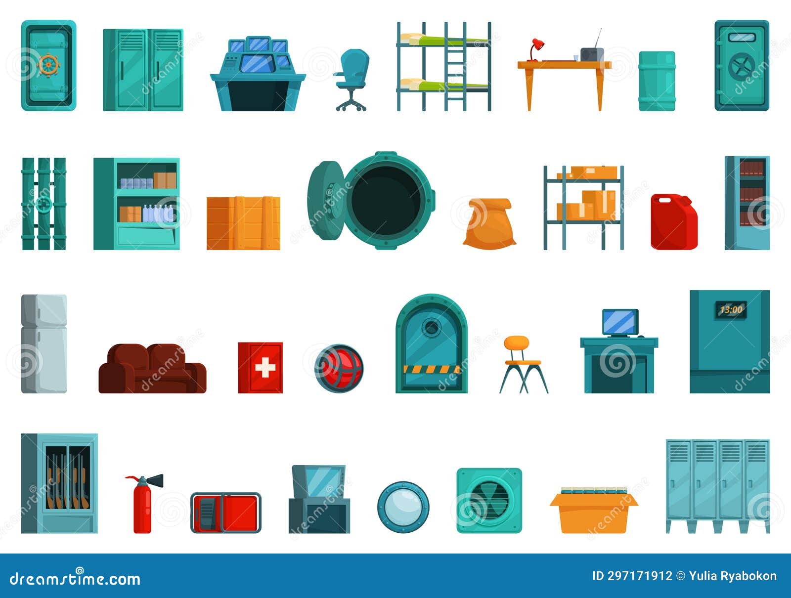 Bunker Interior Icons Set Cartoon Vector. Bed Locker | CartoonDealer ...