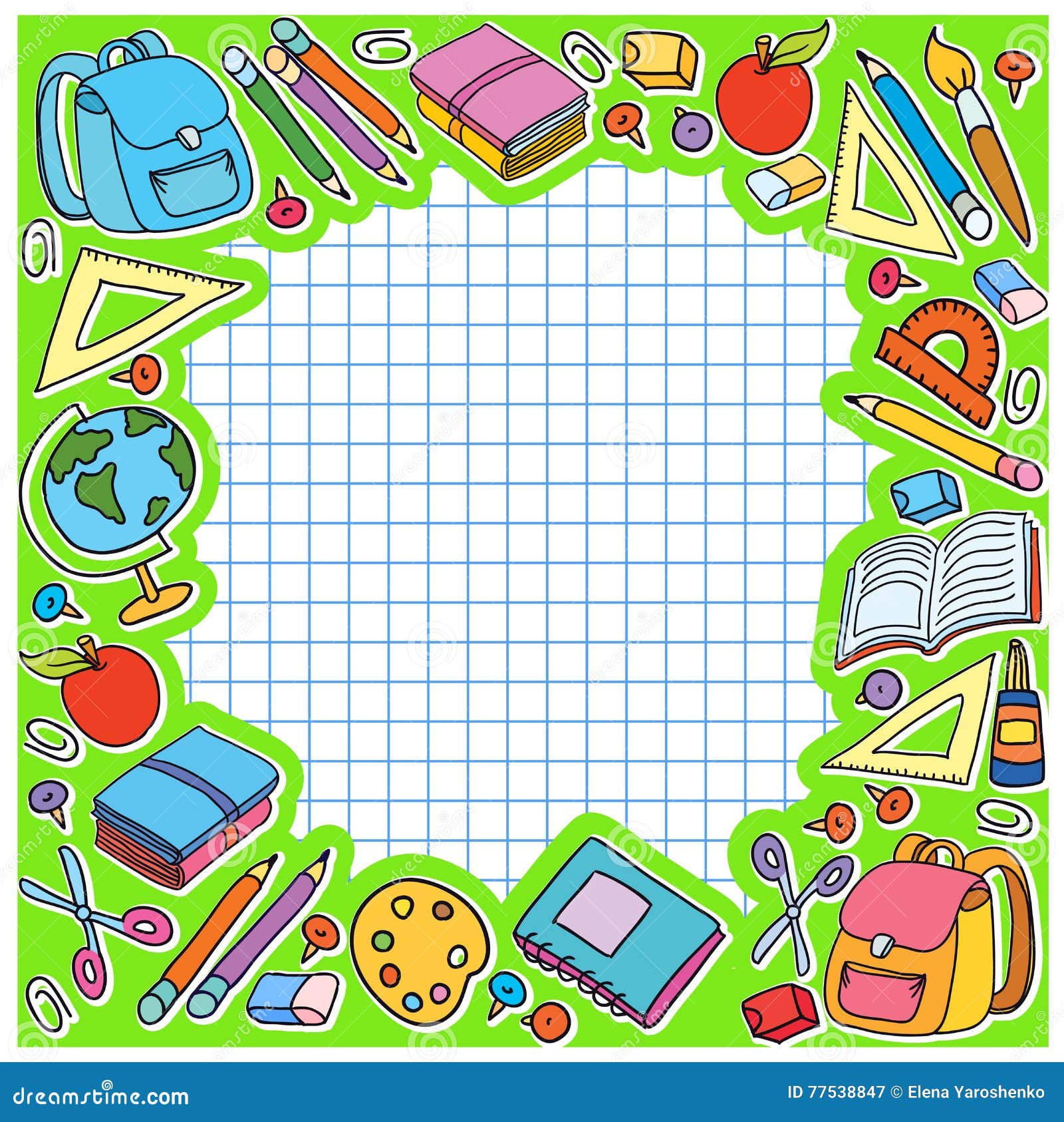 Bunner Cell Sheet in Cage with Set of Different School Things Vector ...