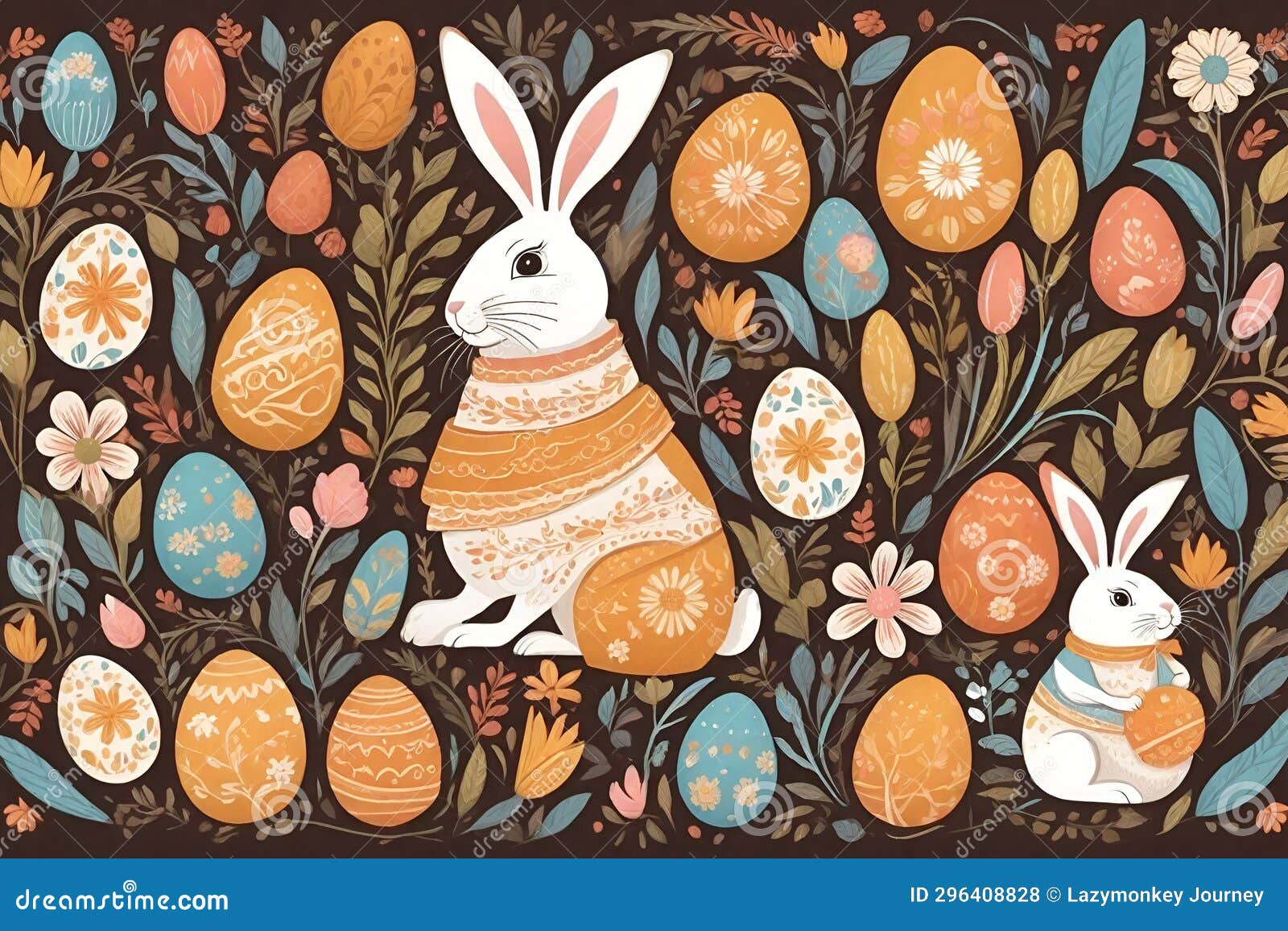 Bunnies, Easter Eggs, Flowers, Folk Style Patterned Design Stock ...