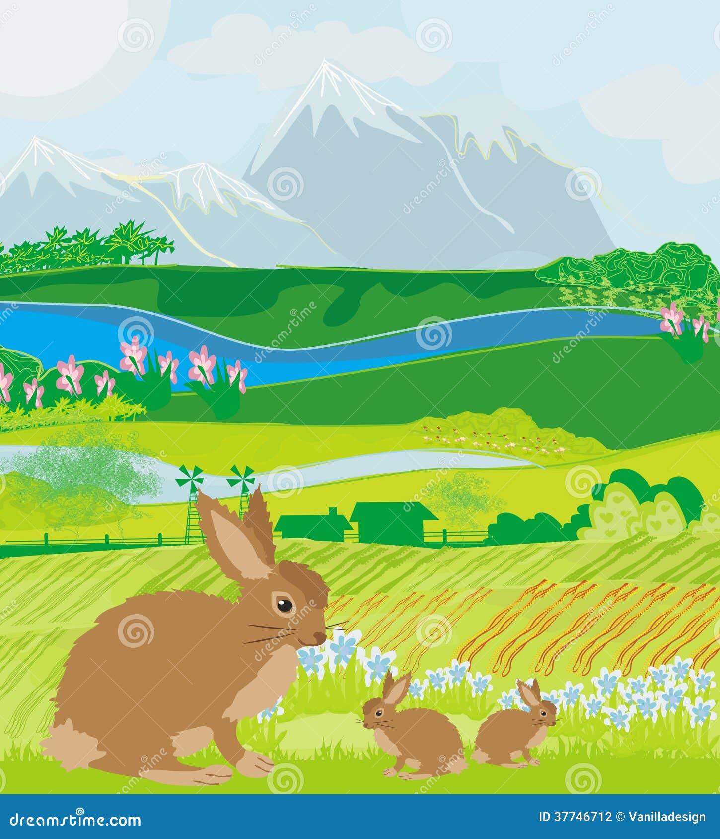 Bunnies in green meadow stock vector. Illustration of saving - 37746712