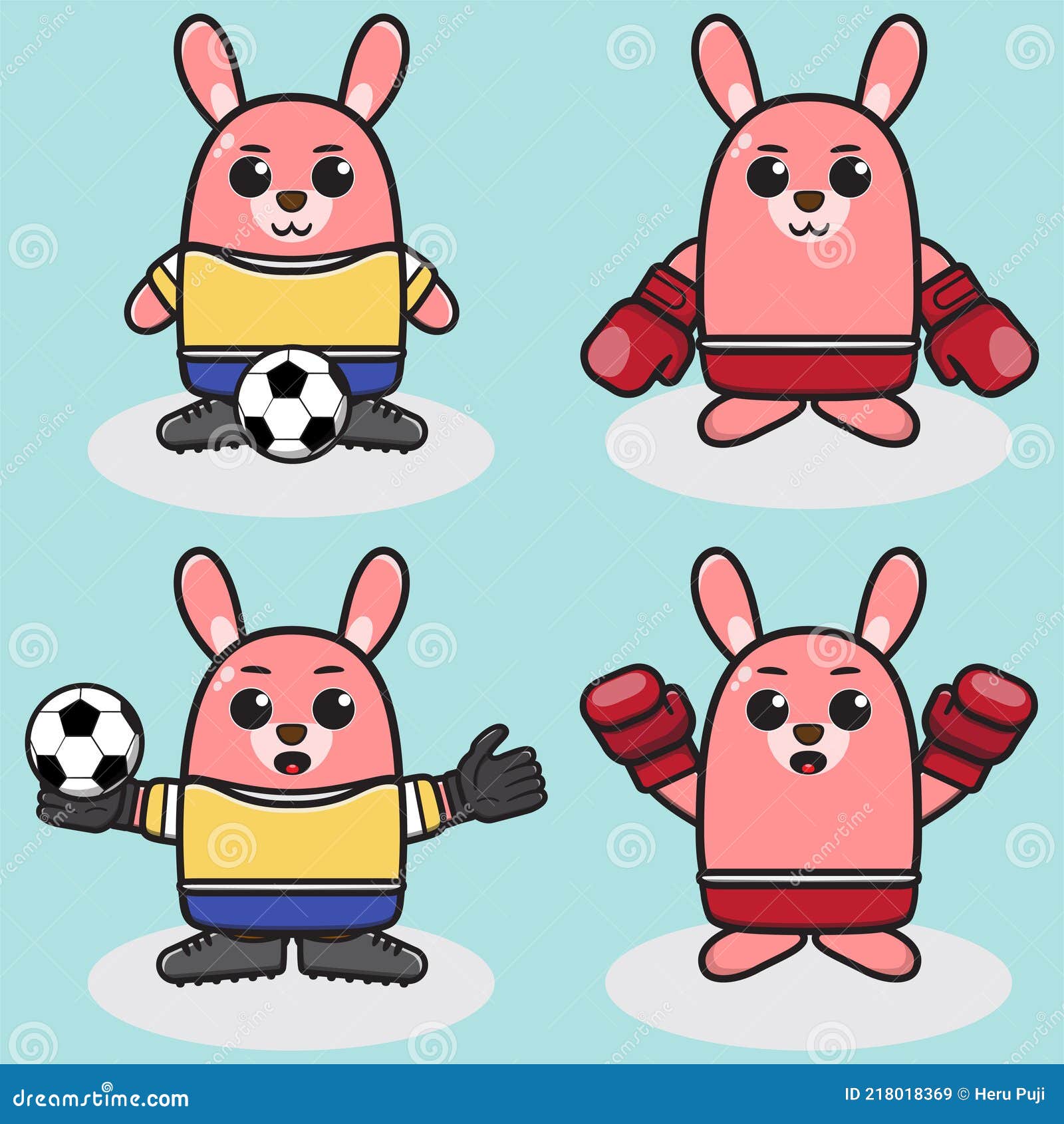 Vector Illustration of Cute Rabbit Boxing and Football Cartoon Set ...