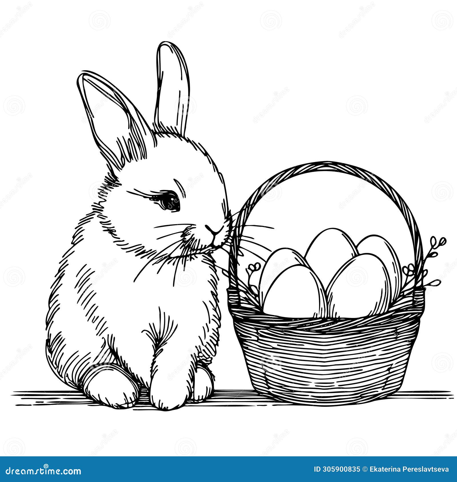 Bunny with a Basket and Eggs Easter Sketch.Vector Illustration Stock ...