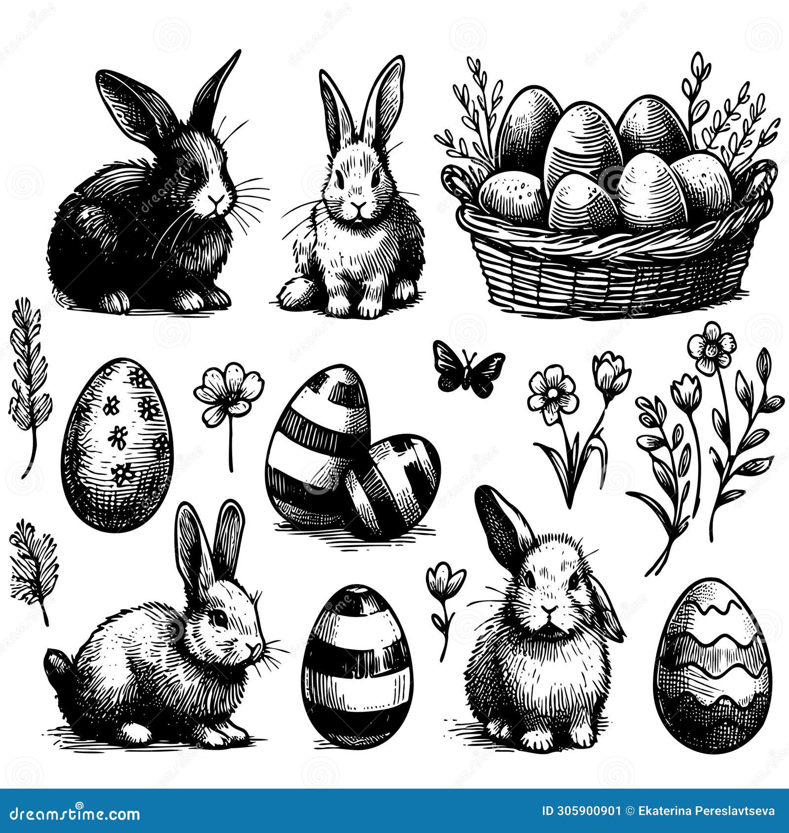 Bunny with a Basket and Eggs Easter Sketch.Vector Illustration Stock ...