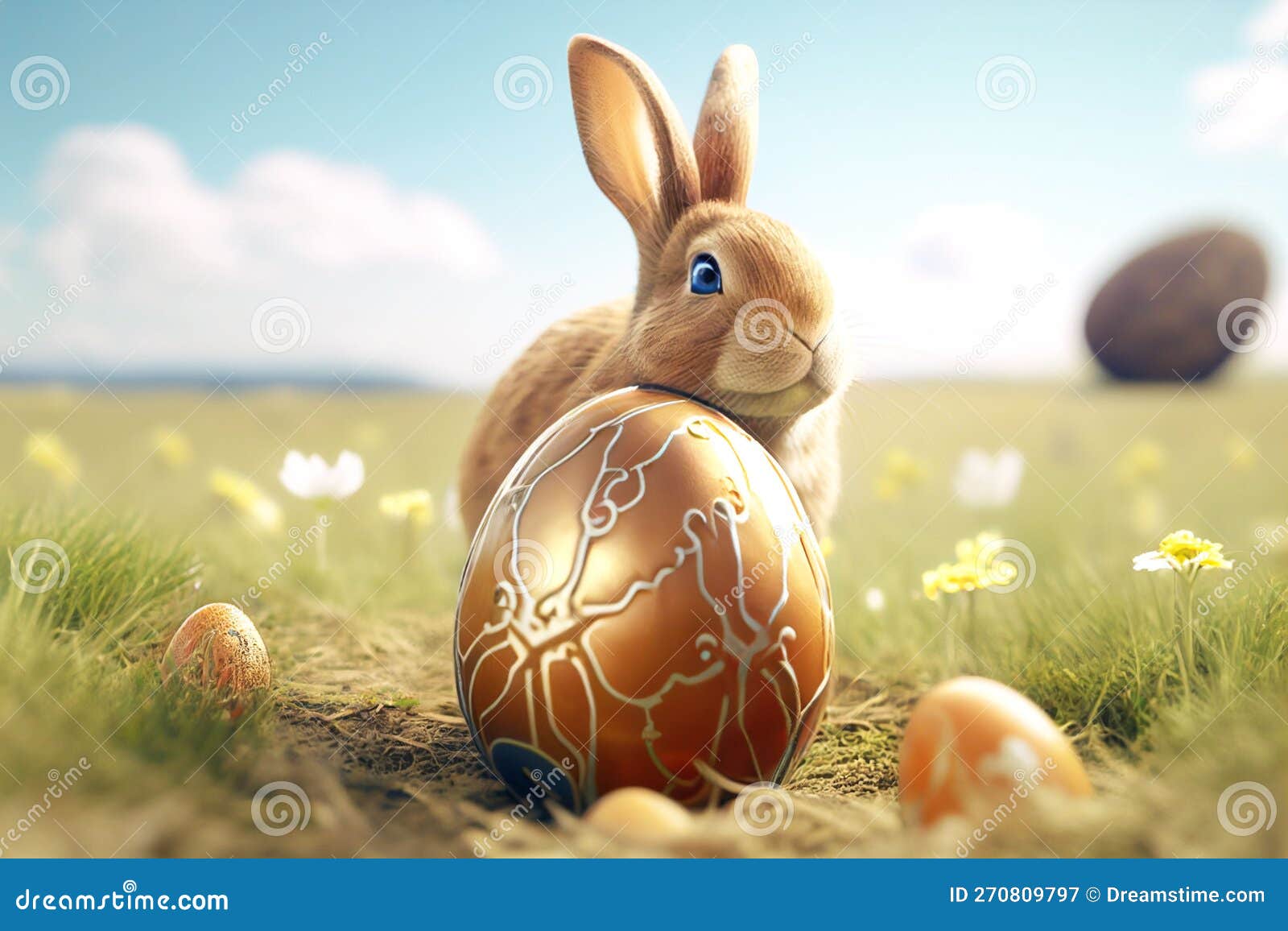 A Bunny Behind a Golden Easter Egg. Blue Sky. Easter. Stock ...