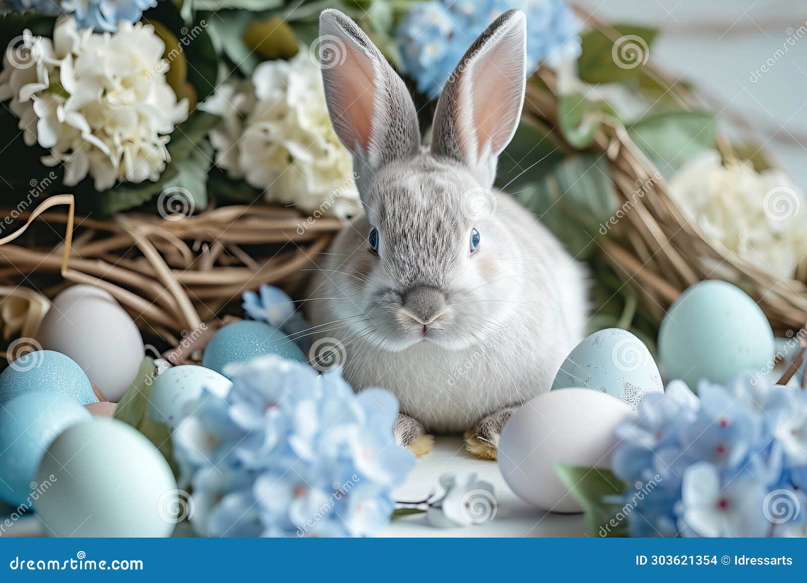 Bunny with Blue Eyes Surrounded by Pastel Colored Eggs and Blooming Hydrangeas Stock ...