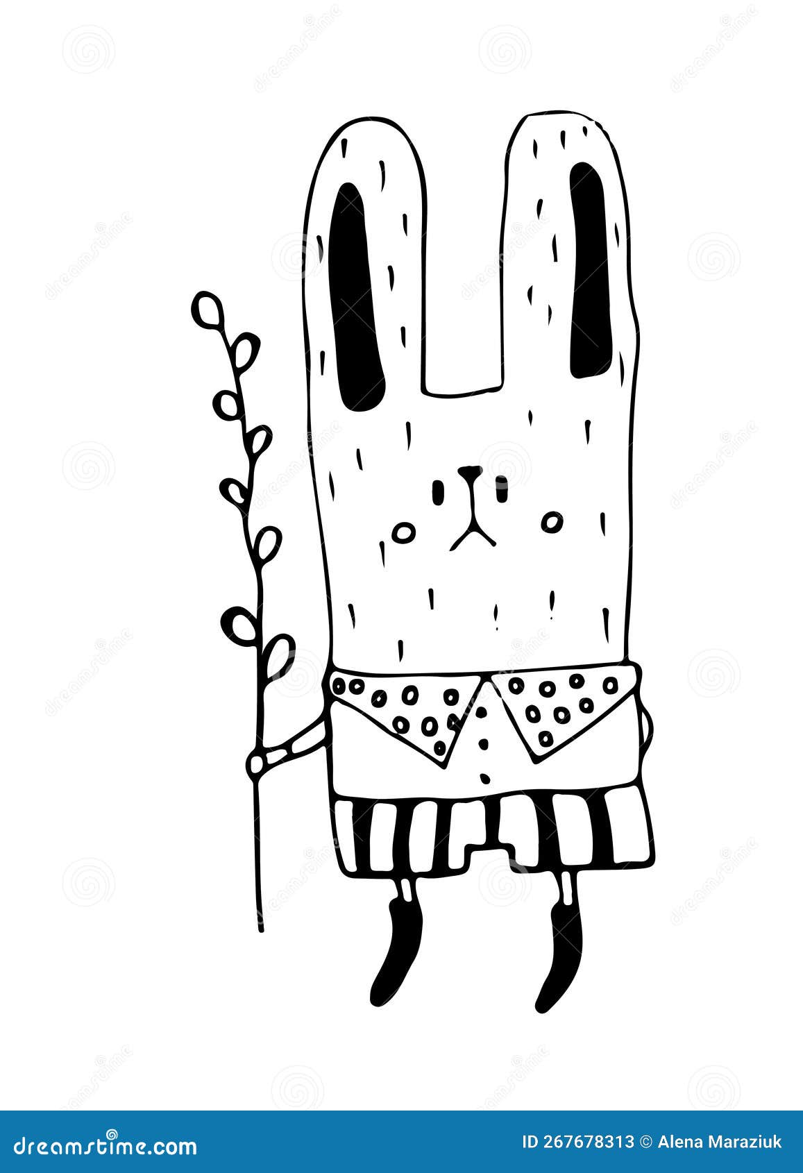 Bunny Boy Holding a Twig. Doodle. Cute Easter Bunny Isolated on White ...