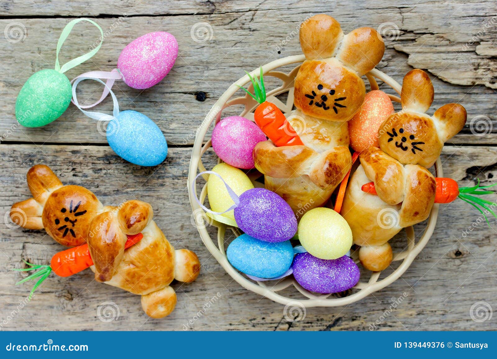 Bunny Buns and Colorful Easter Eggs Stock Photo - Image of festive ...
