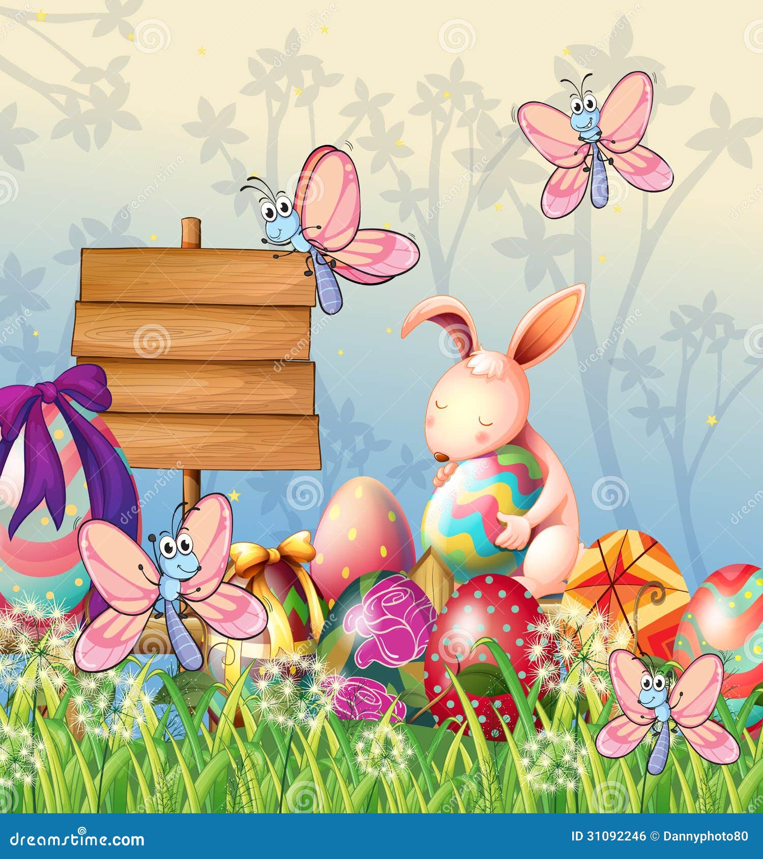 The Bunny and the Butterflies in the Garden with Easter Eggs Stock ...