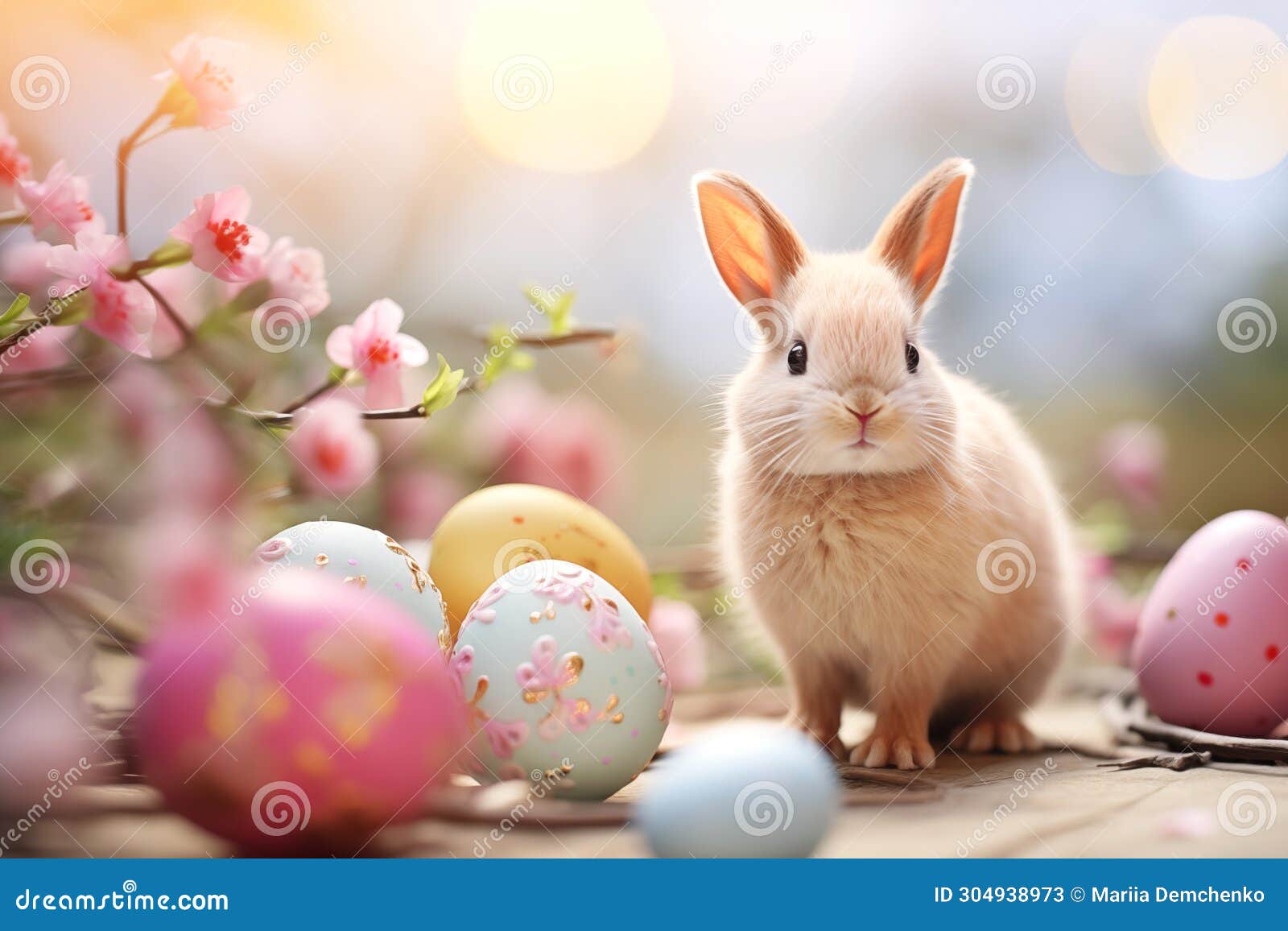 Bunny with Decorative Easter Eggs among Pink Cherry Blossoms. Easter ...