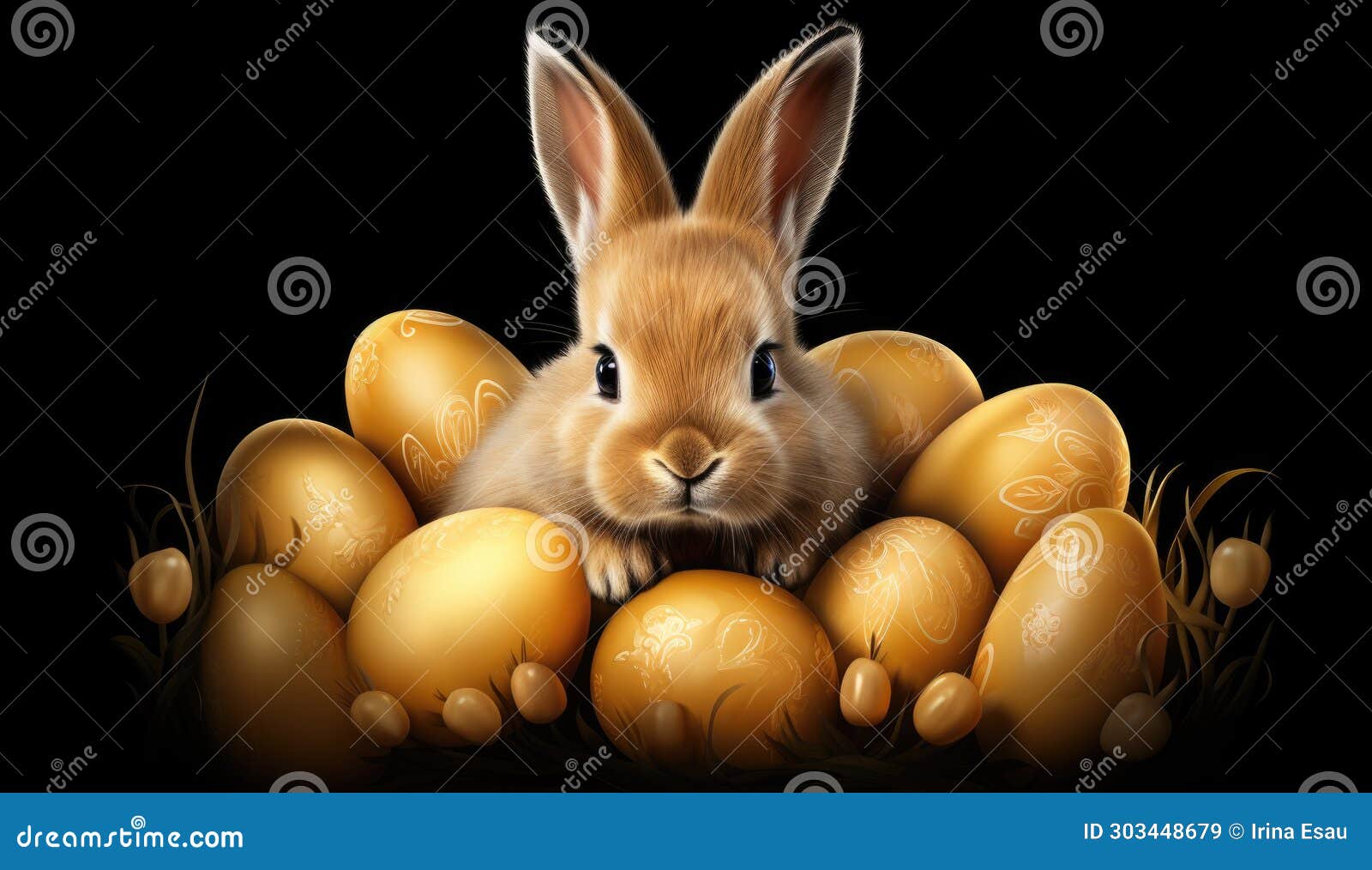 Bunny with Golden Easter Eggs on Black Background Stock Image - Image ...