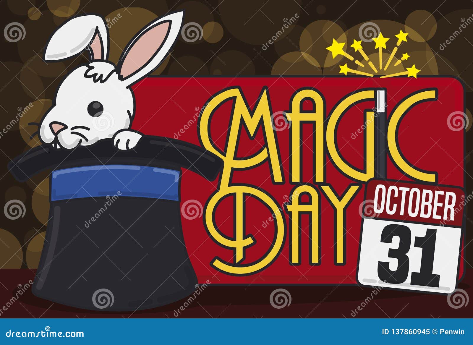 Bunny in Hat, Calendar and Wand for World Magic Day, Vector ...