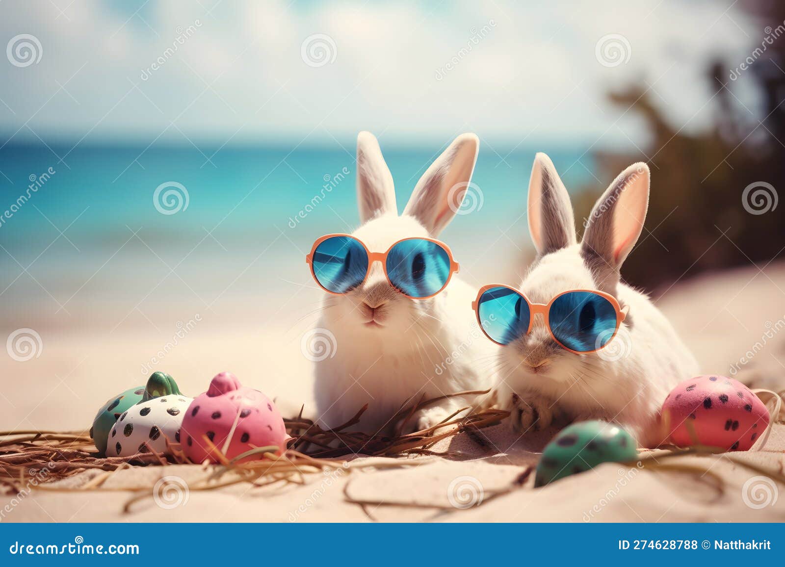 Bunny Paradise on the Beach and Easter Eggs. Generative AI Stock Photo ...