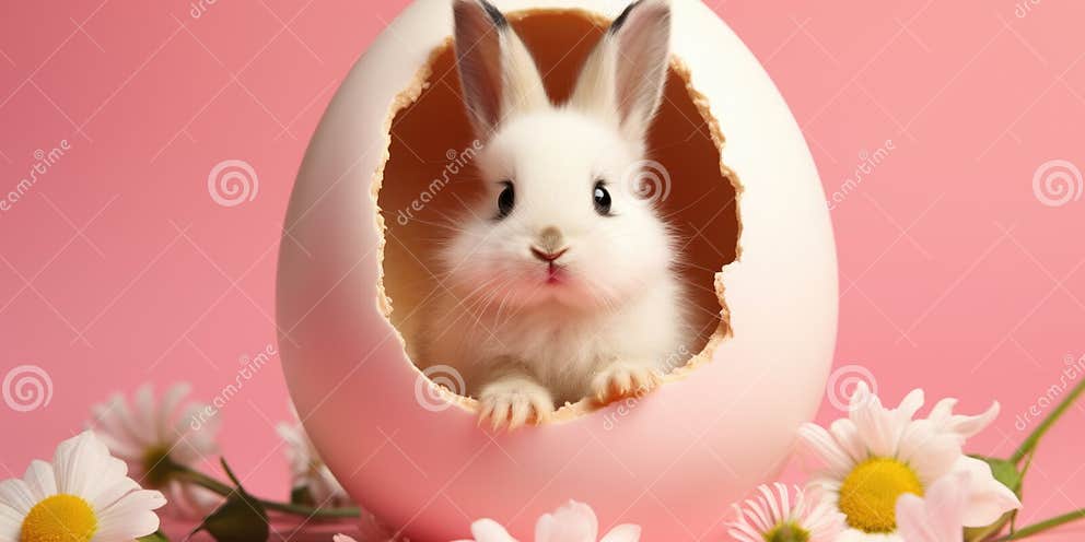 Bunny Peeking from an Easter Egg among Daisies Stock Image - Image of ...