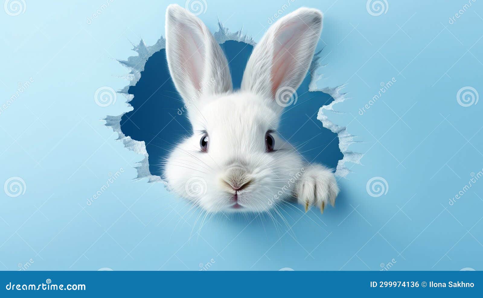 Bunny Peeking Out of a Hole in Blue Wall Stock Illustration ...