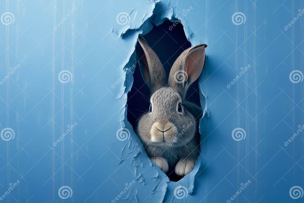 Bunny Peeking Out of a Hole in Blue Wall, Fluffy Eared Bunny Easter ...