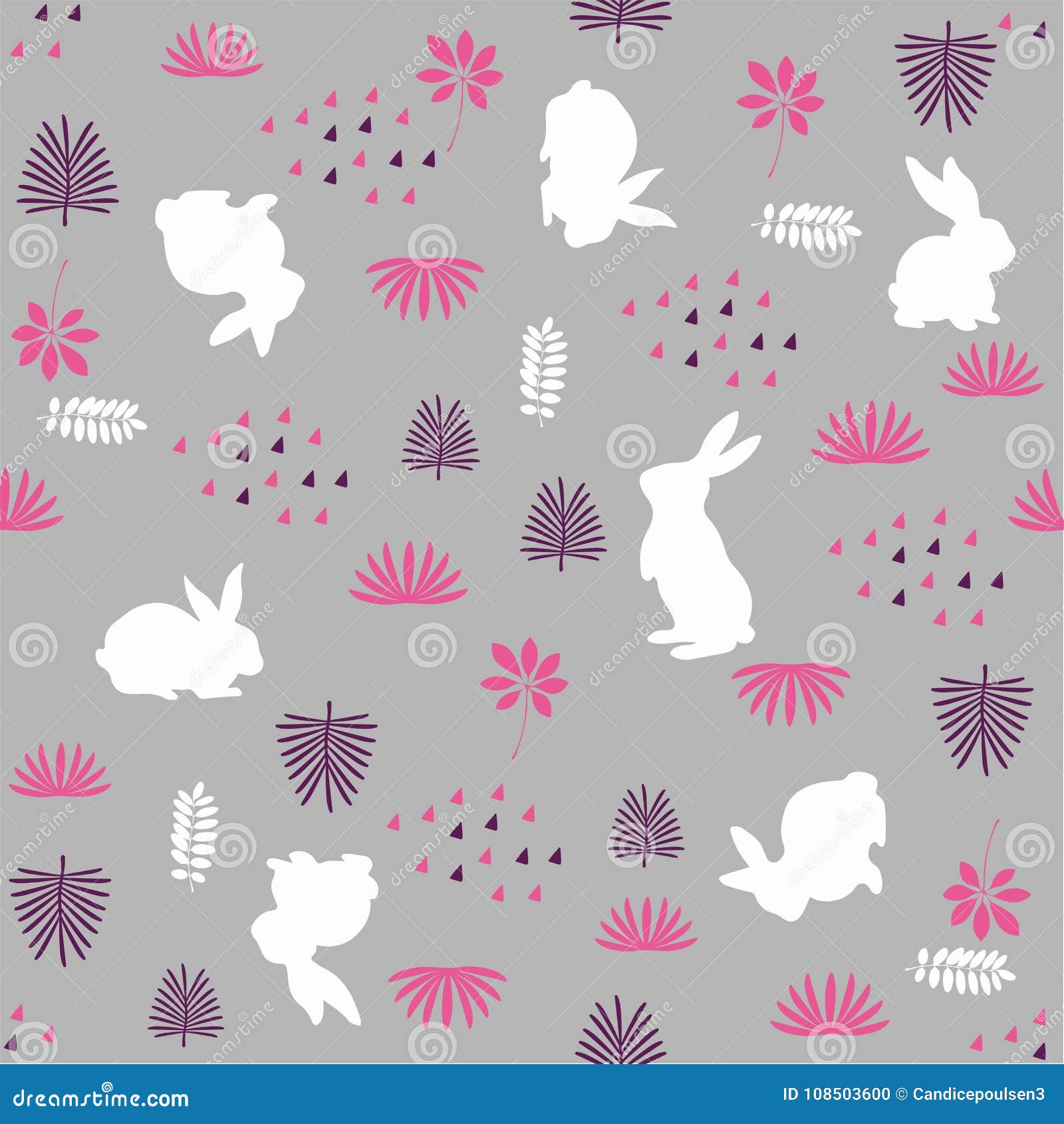 Bunny Rabbit, Leaves and Plants Repeating Seamless Pattern Stock Vector ...