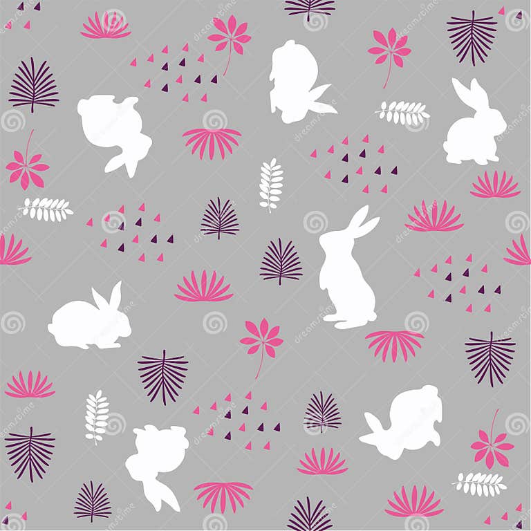 Bunny Rabbit, Leaves and Plants Repeating Seamless Pattern Stock Vector ...