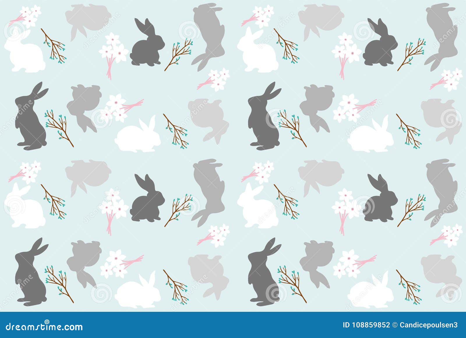 Bunny Rabbit, Leaves and Plants Repeating Seamless Pattern Stock Vector ...