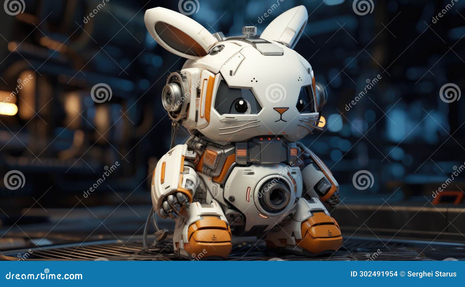A Bunny Robot with a Helmet and Goggles on Sitting in Front of Some ...