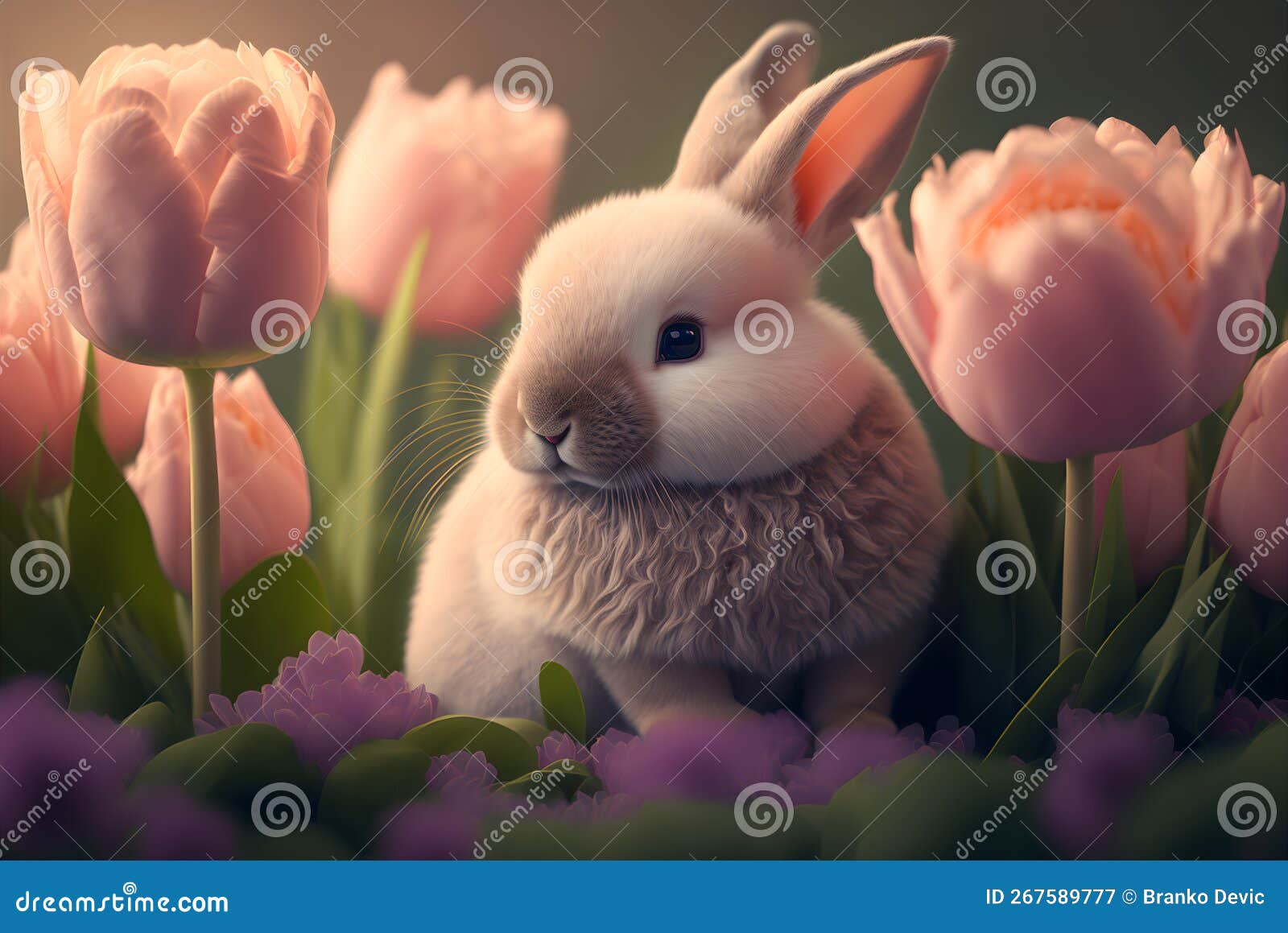 Bunny Siting on the Grass in the Forest among the Beautiful Tulips ...