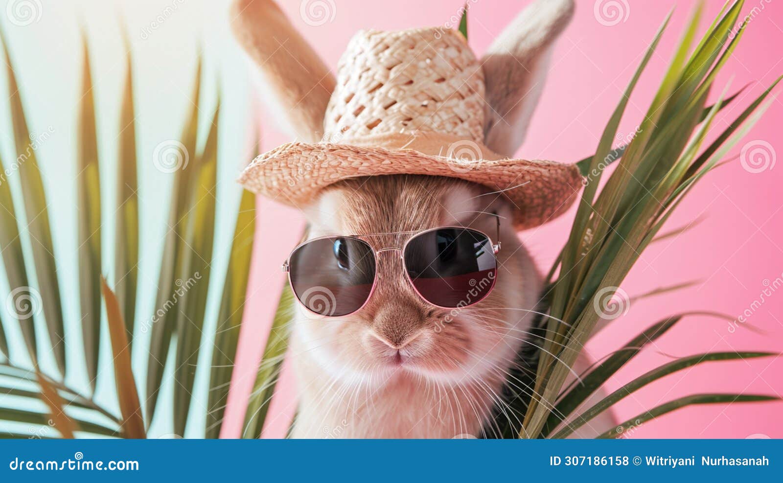 Bunny with Sunglasses and Hat Under Palm Leaf on Pastel Summer ...