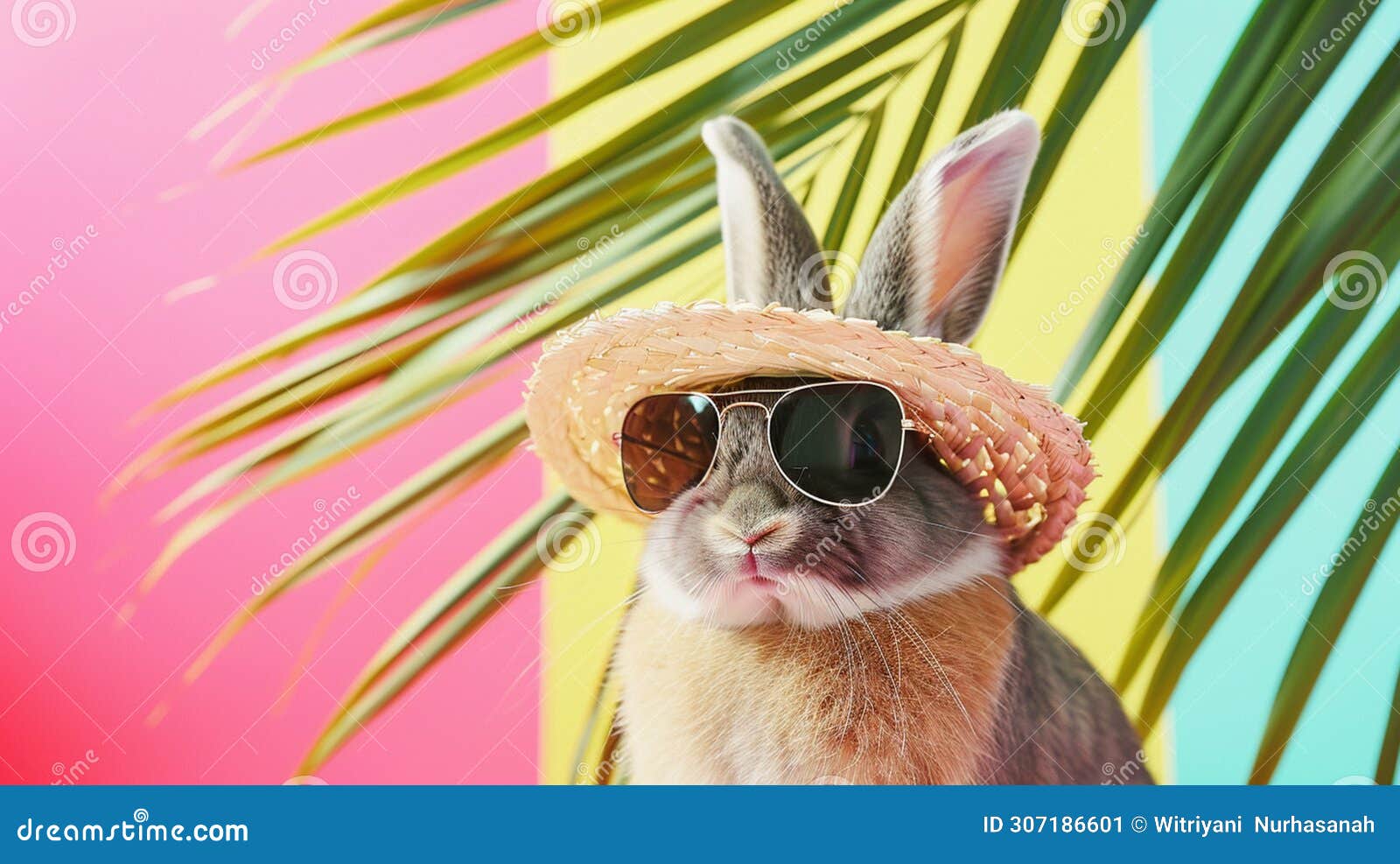 Bunny with Sunglasses and Hat Under Palm Leaf on Pastel Summer ...