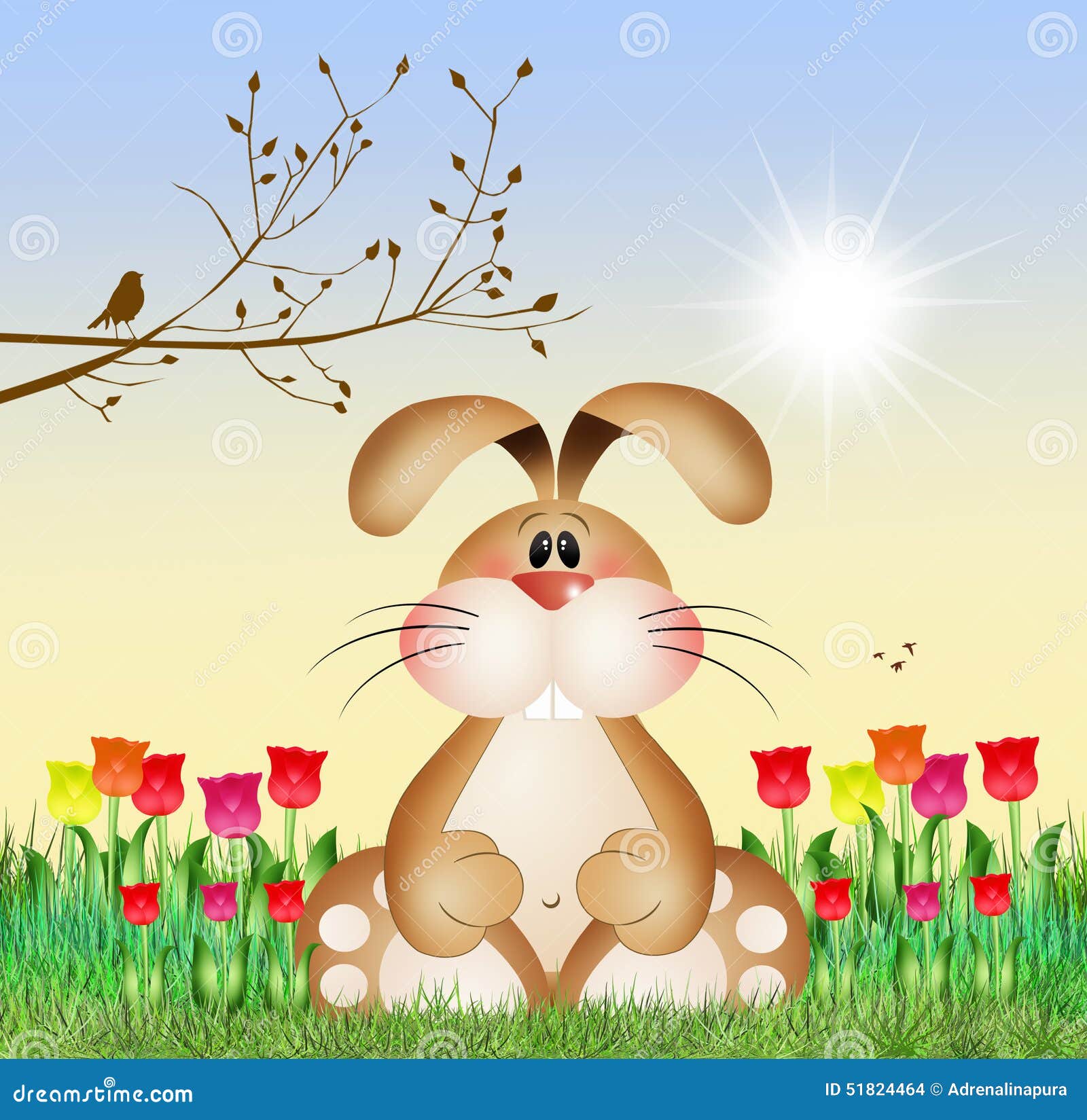 Bunny in the tulips field stock illustration. Illustration of watering ...