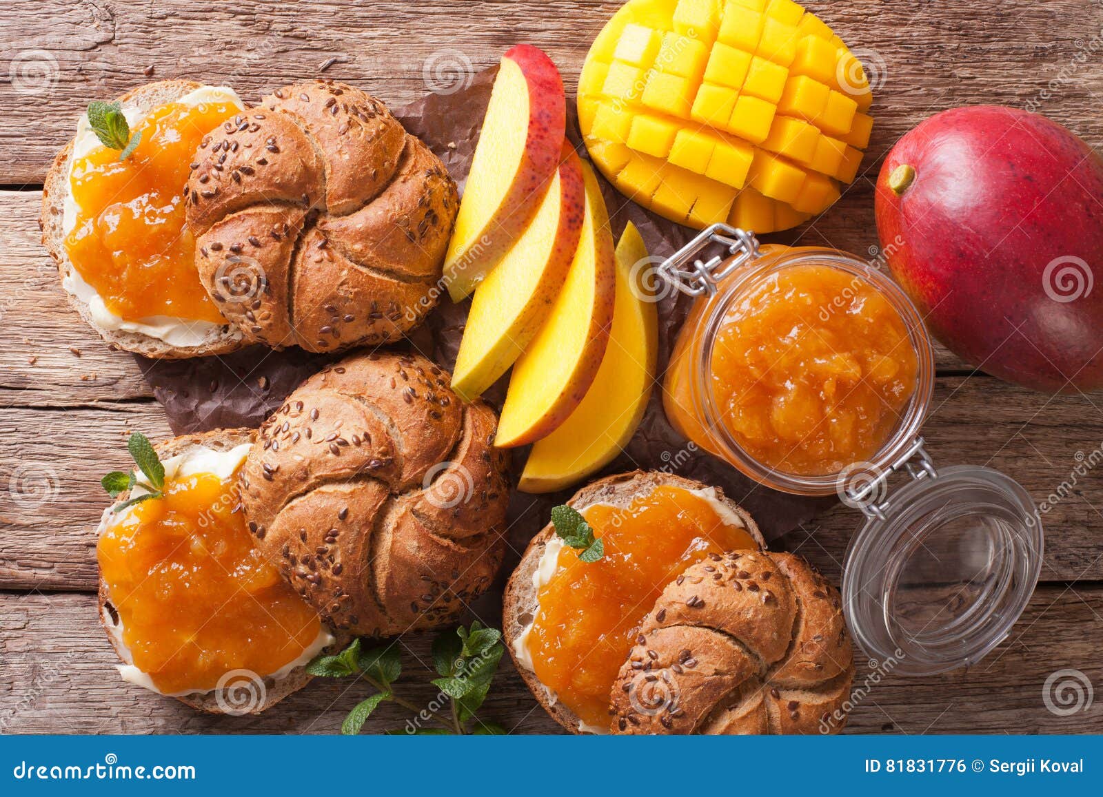 Buns with Mango Marmalade, Butter and Decorated with Mint Close Stock ...