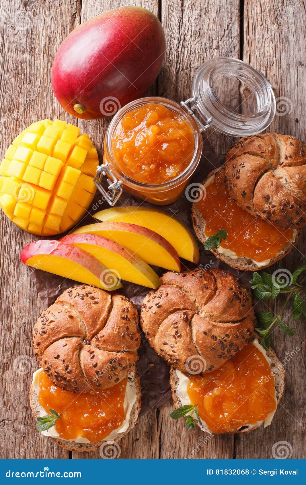 Buns with Mango Marmalade, Butter and Decorated with Mint Close Stock ...