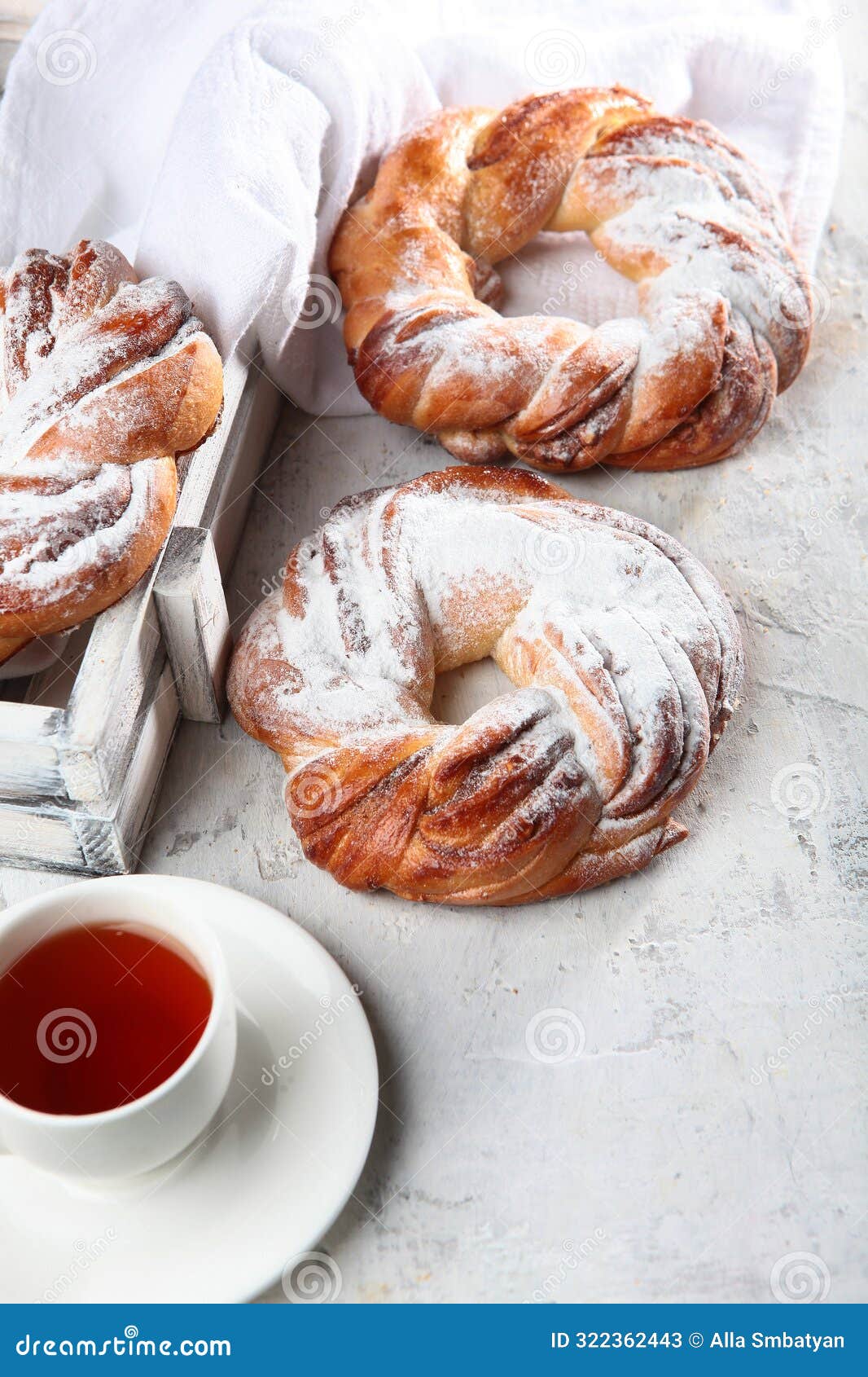Buns with Powdered Sugar. Two Rolls with Coffee on the Table. Stock ...