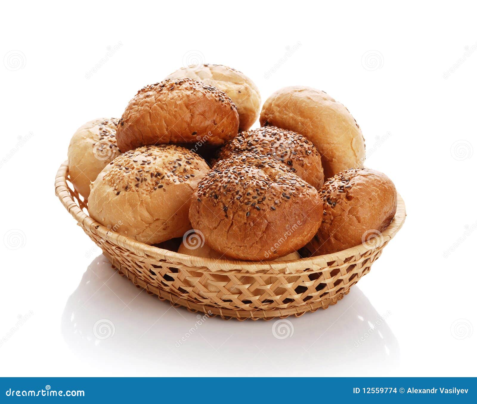 Buns with Sesame in a Woven Basket Stock Photo - Image of basket ...