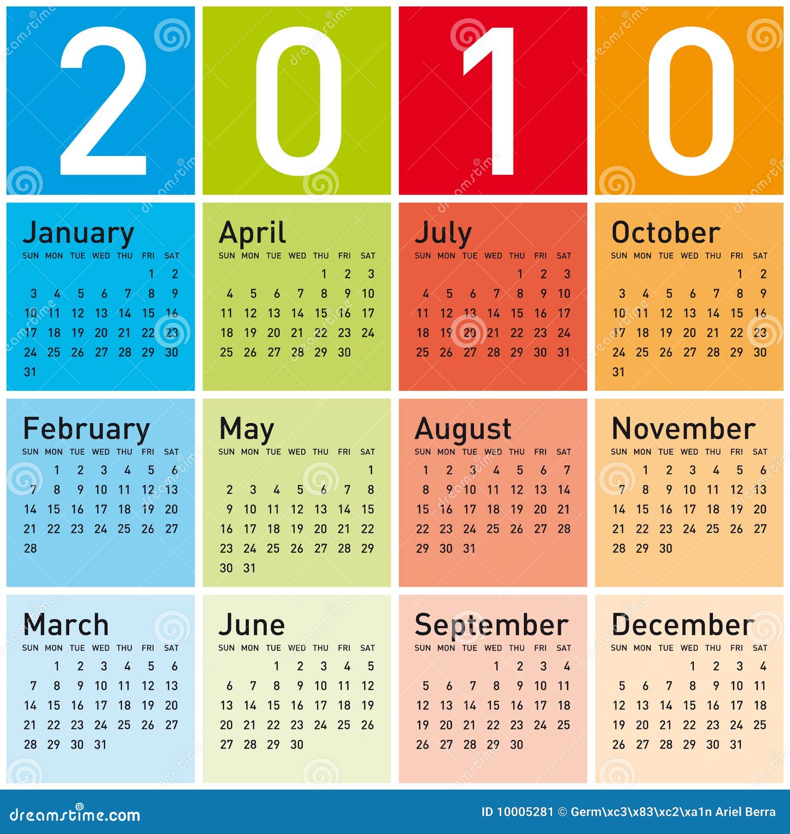 Bunter Kalender für 2010. vektor abbildung. Illustration von jahreszeit ...