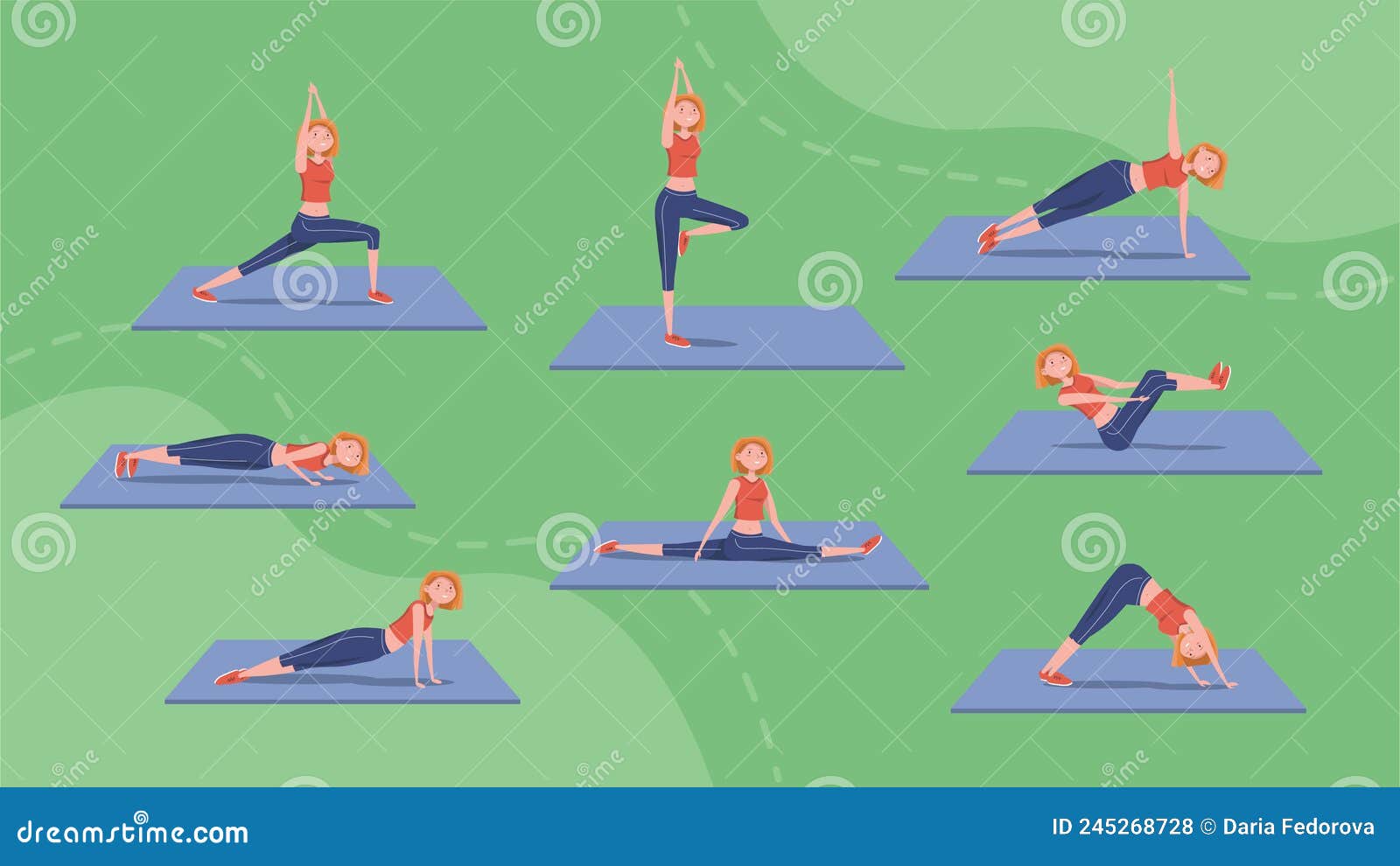 Eight Yoga Asanas Performed by a Red Young Girl Stock Vector ...