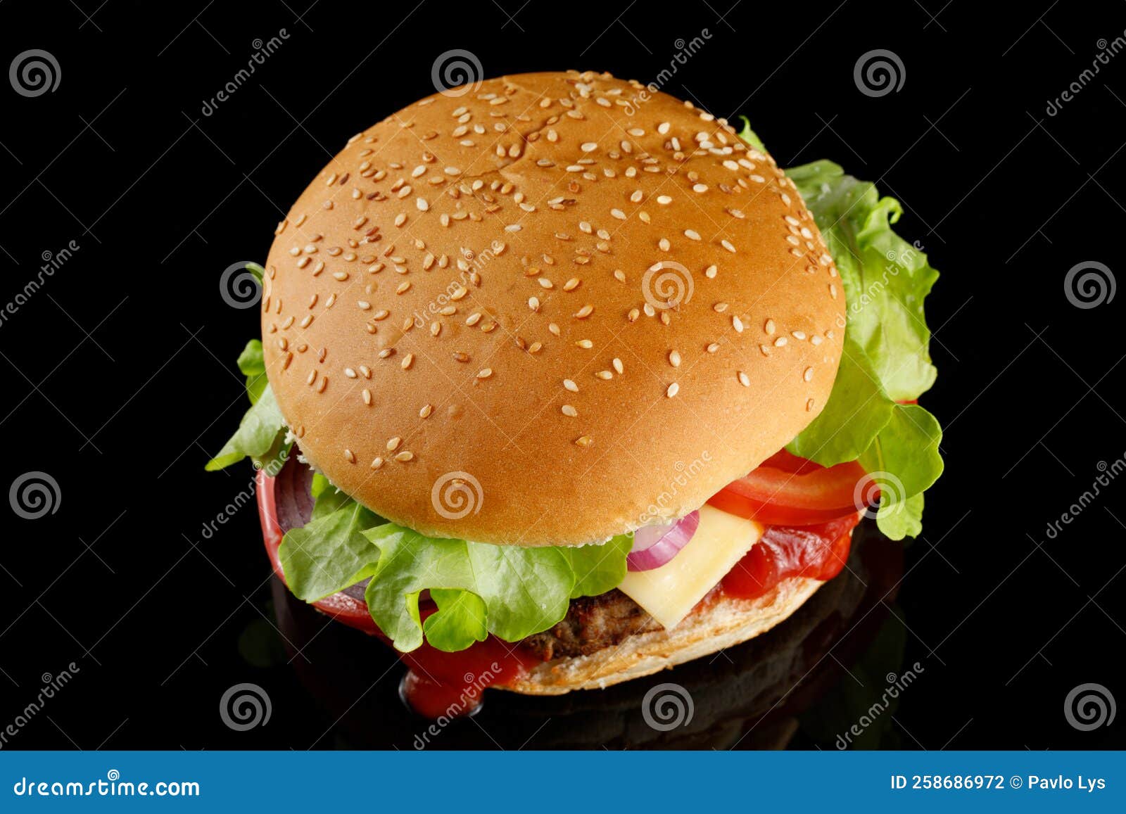 Burger Appetizing Top View on Black. Fresh Hamburger with Lettuce ...