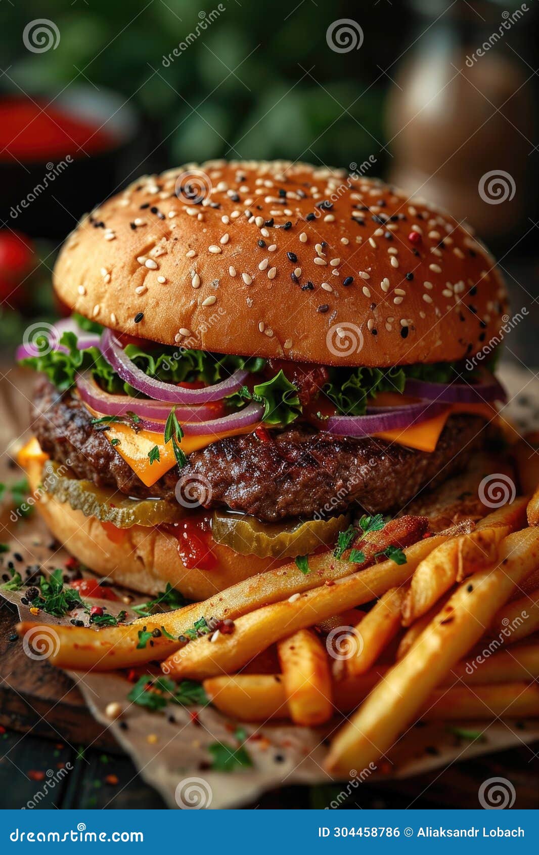 Burger with Bacon, Meat, Cheese, Tomatoes and Herbs on the Table. Close ...