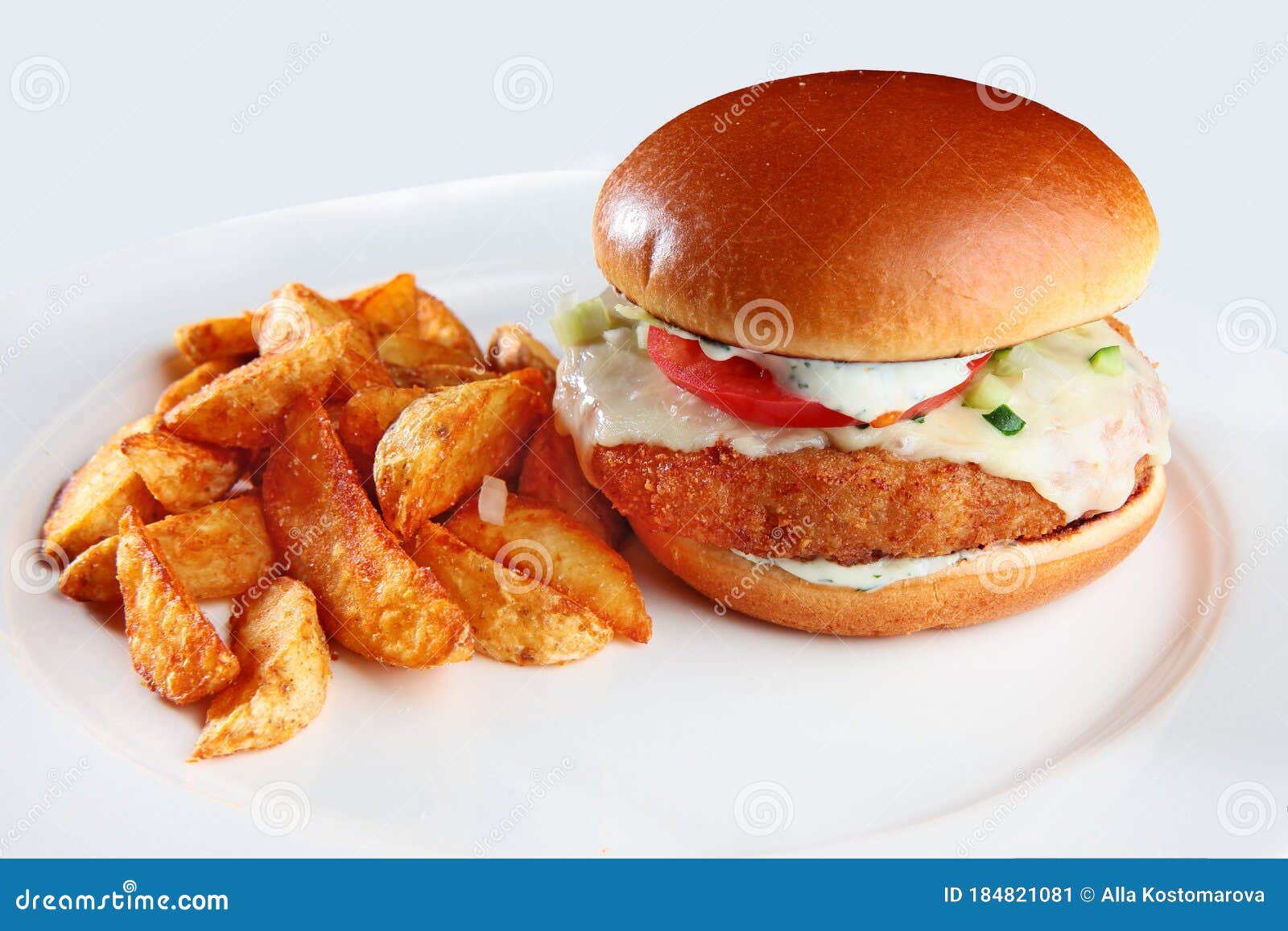 Burger with Breaded Chicken Cutlet on a White Plate. Copy of the Space ...