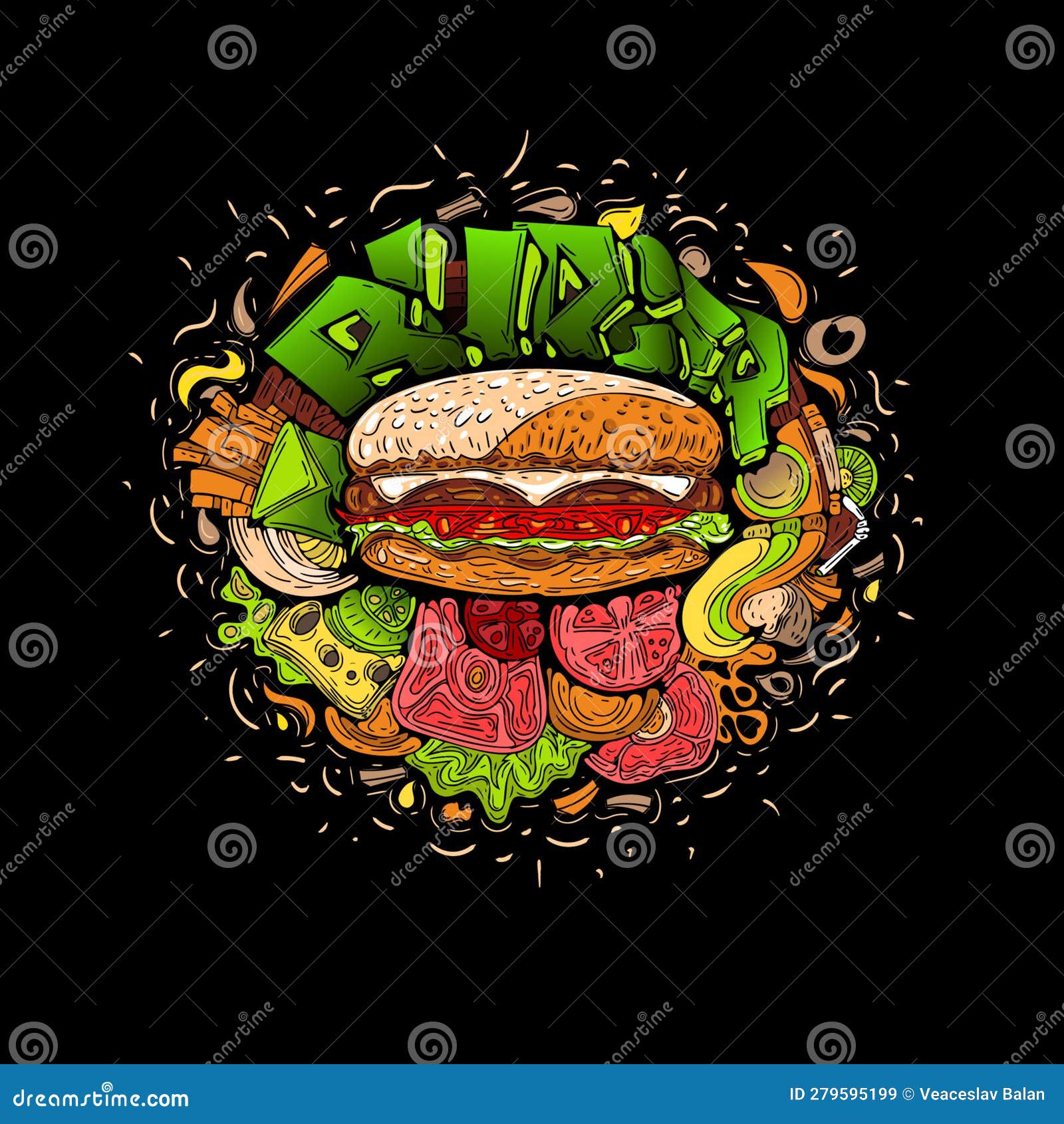Burger Cartoon, Vector Graphic Image, with Typography and Doodles ...