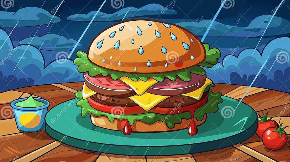 A Burger with Cheese and Tomatoes Sits on a Table in the Rain Stock ...