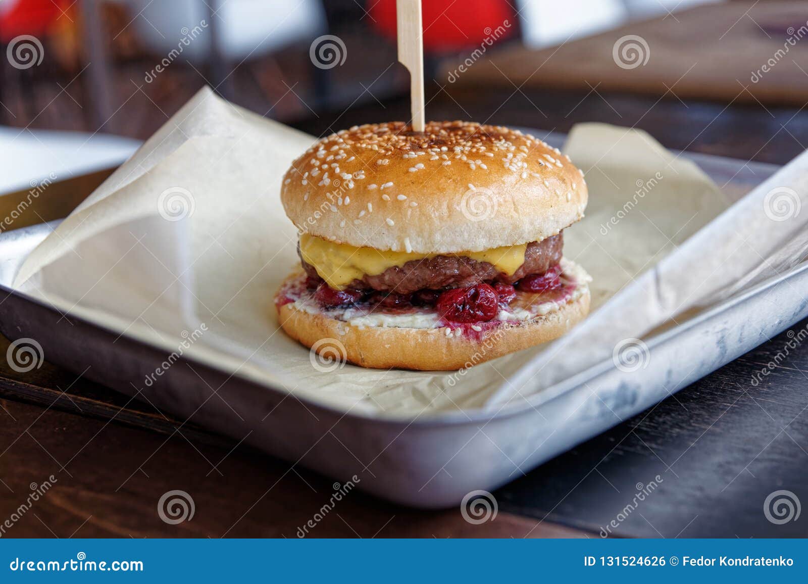 Burger with Cherry and Cheese in Fast Food Stock Photo - Image of ...