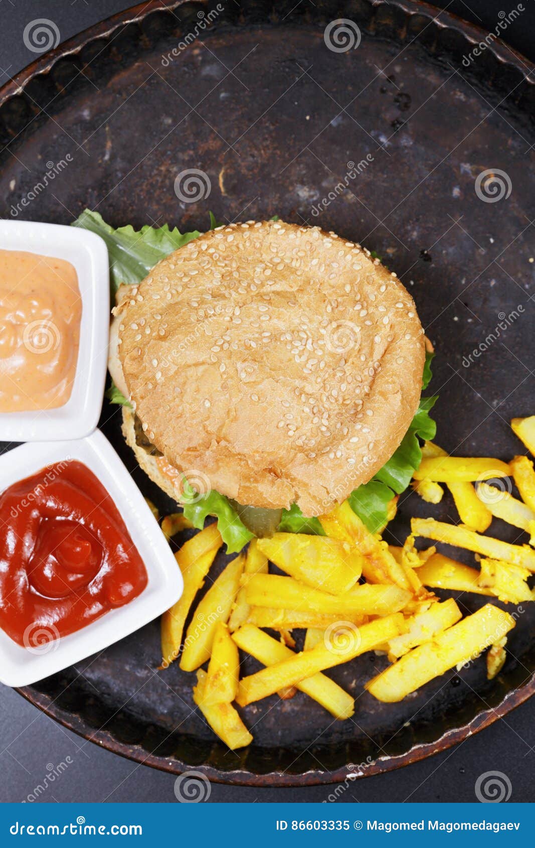 Burger with Chicken Cutlet Overhead Stock Image - Image of dinner ...