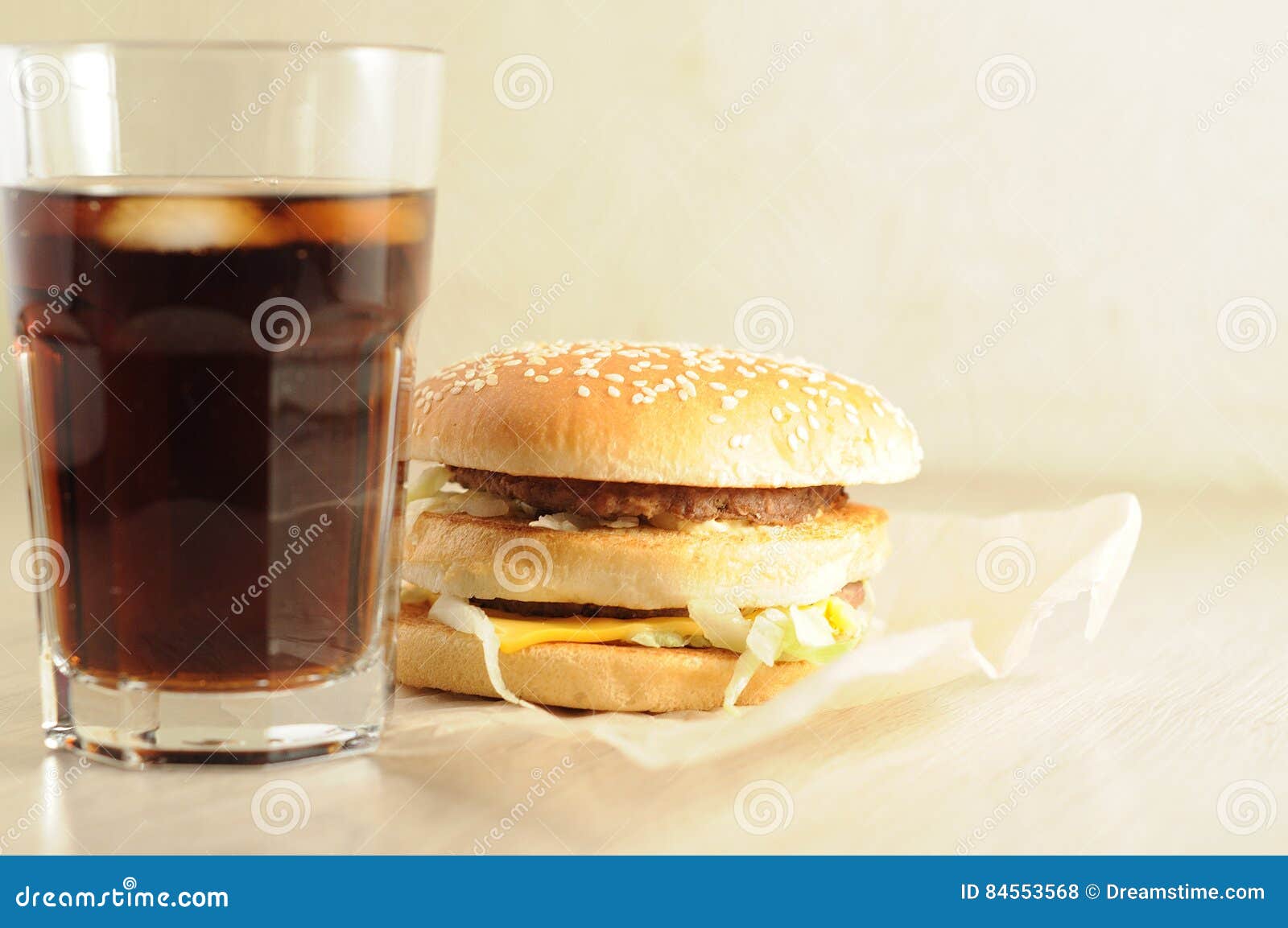 The burger and cold drinks stock photo. Image of dish - 84553568