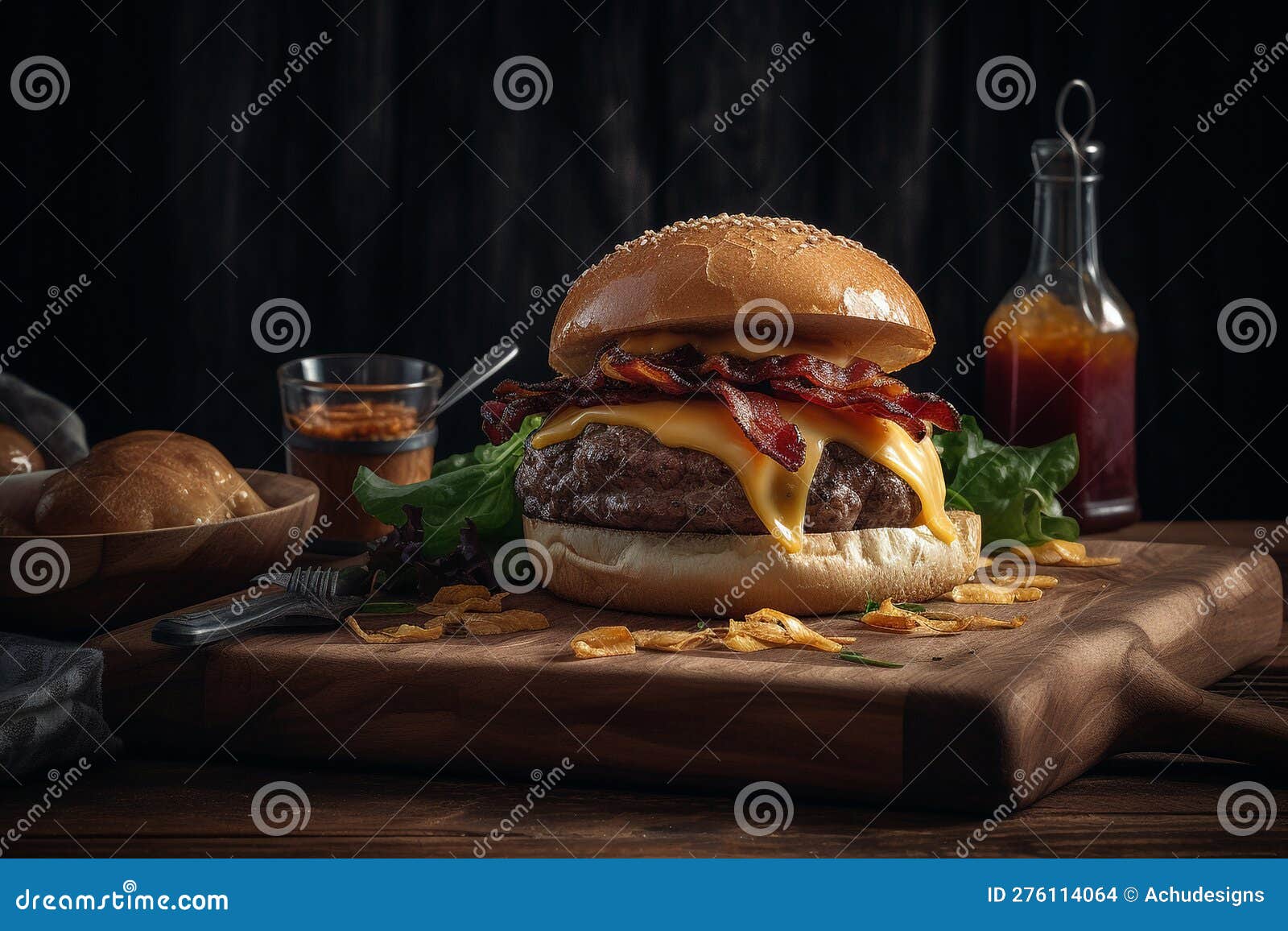 Burger with Crispy Bacon, Melted Cheddar Cheese, and a Drizzle of Maple ...