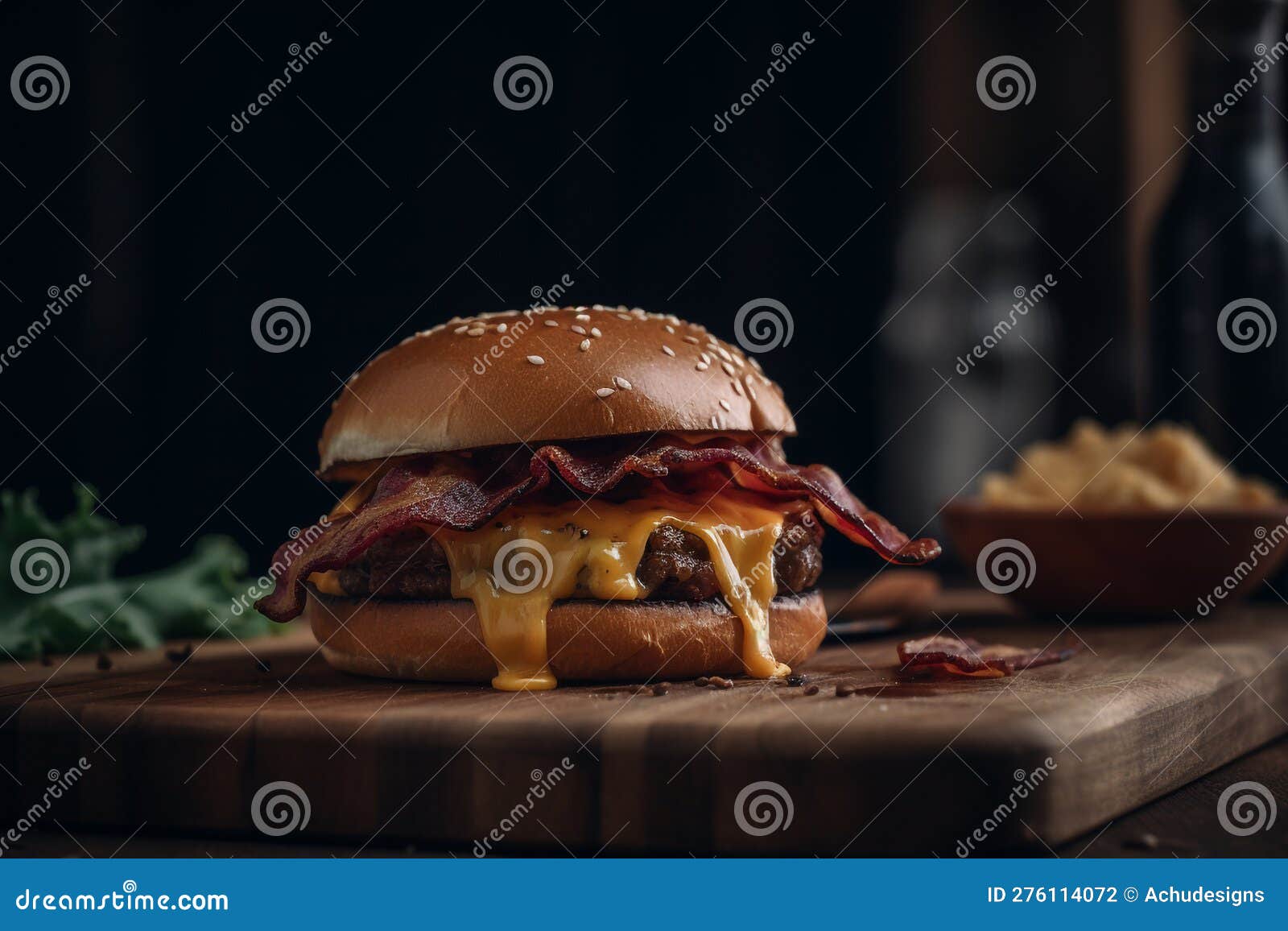 Burger With Crispy Bacon, Melted Cheddar Cheese, And A Drizzle Of Maple ...