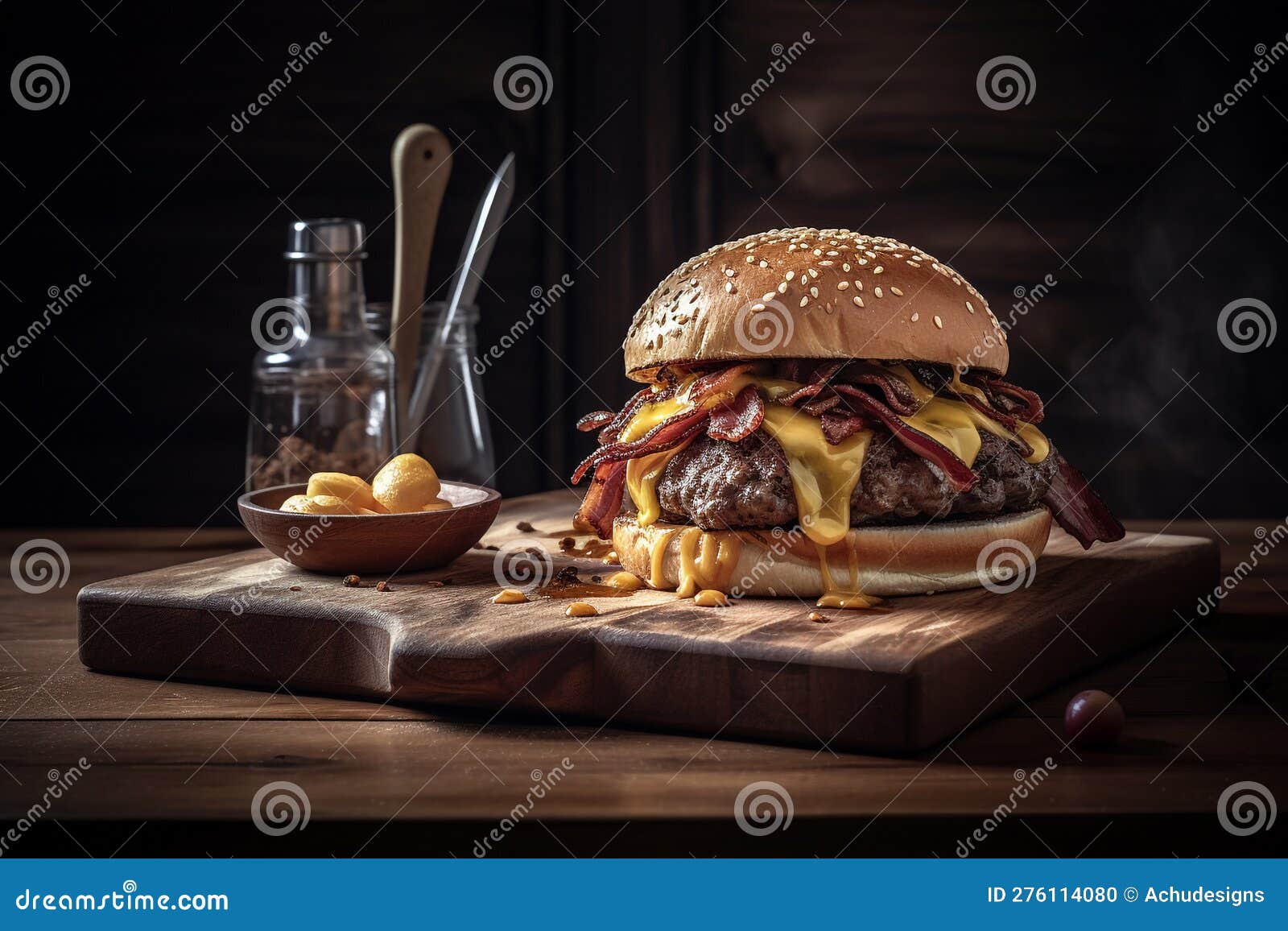 Burger With Crispy Bacon, Melted Cheddar Cheese, And A Drizzle Of Maple ...