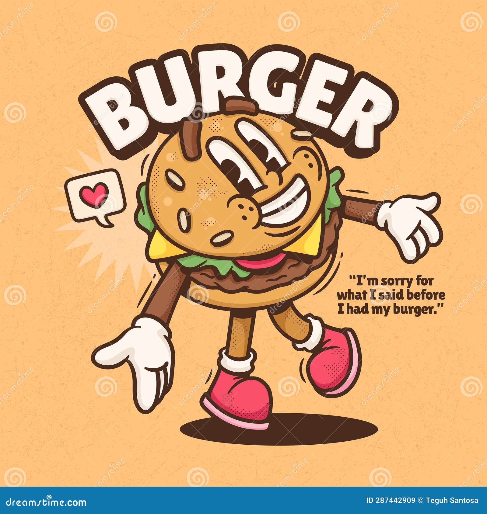 Burger Cute Trendy Retro Cartoon Vector Hand Drawn 6 Stock Illustration ...