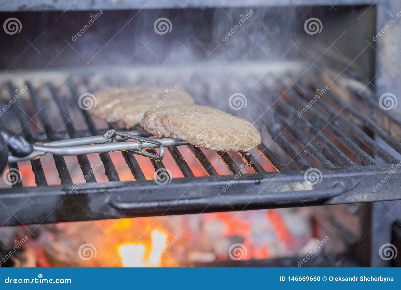 Burger Cutlets Cooked in Josper Amid Burning Coal for a Holiday Party ...