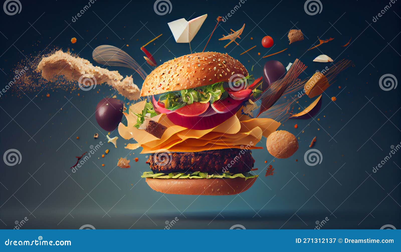 A Burger Deconstruction in Air Stock Image - Image of falling, beef ...