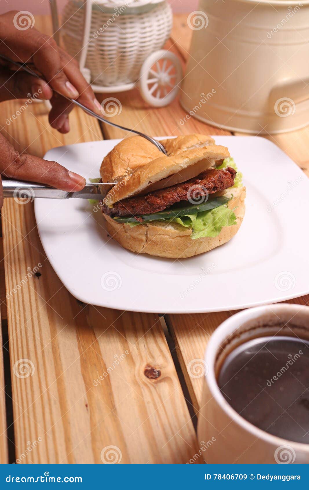 Burger Dish is Ready To Eat and a Cup of Black Coffee Stock Image ...