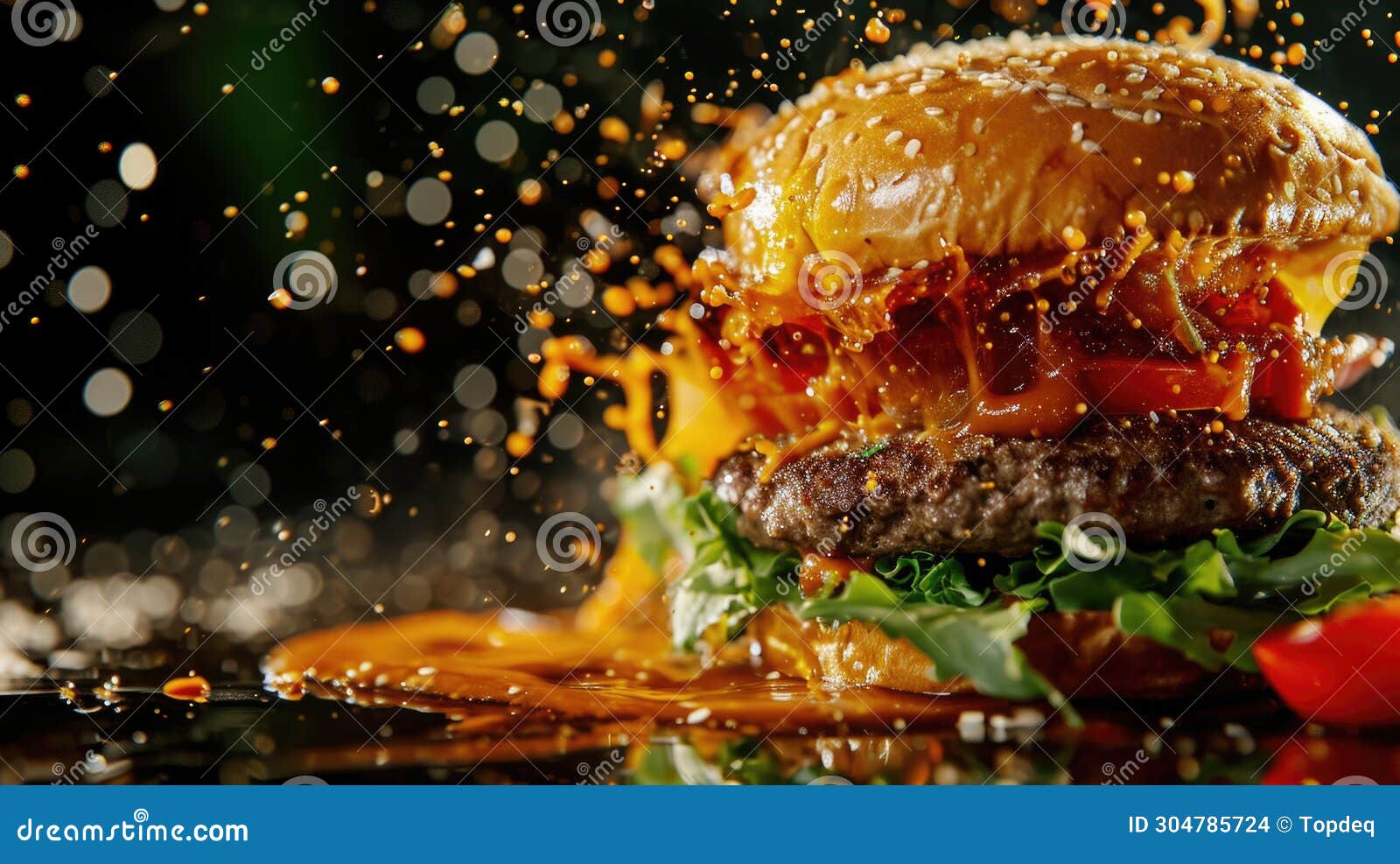 Burger with Dynamic Sauce Splash and Flying Ingredients on Dark ...