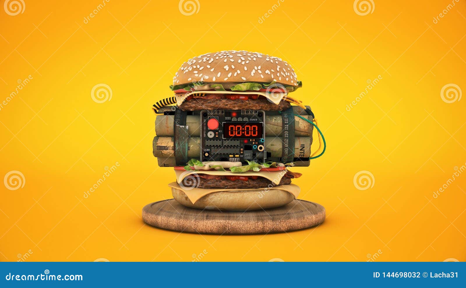 Burger with explosive. 3d stock illustration. Illustration of grease ...